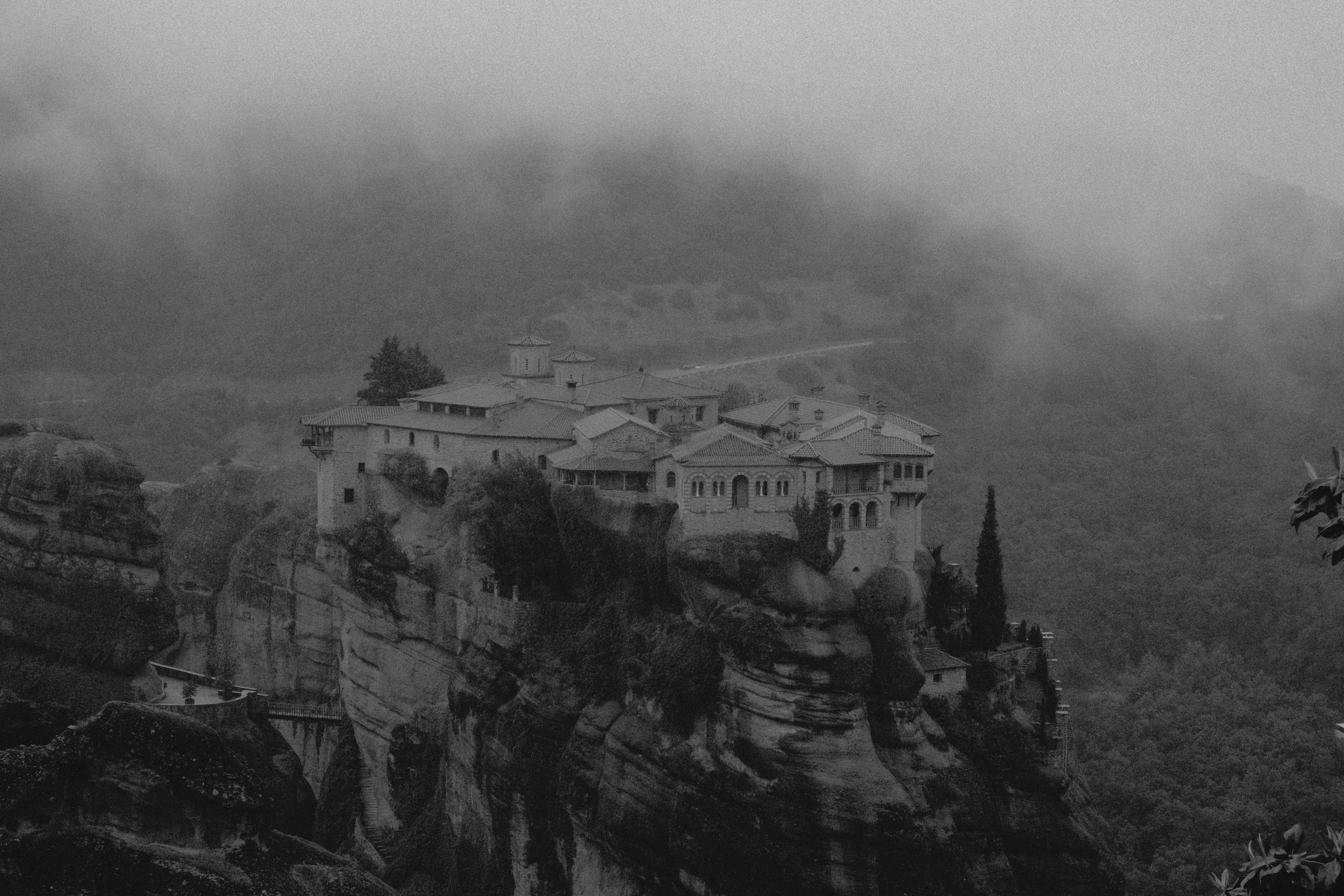 Clifftop Monastery in a Veil of Fog