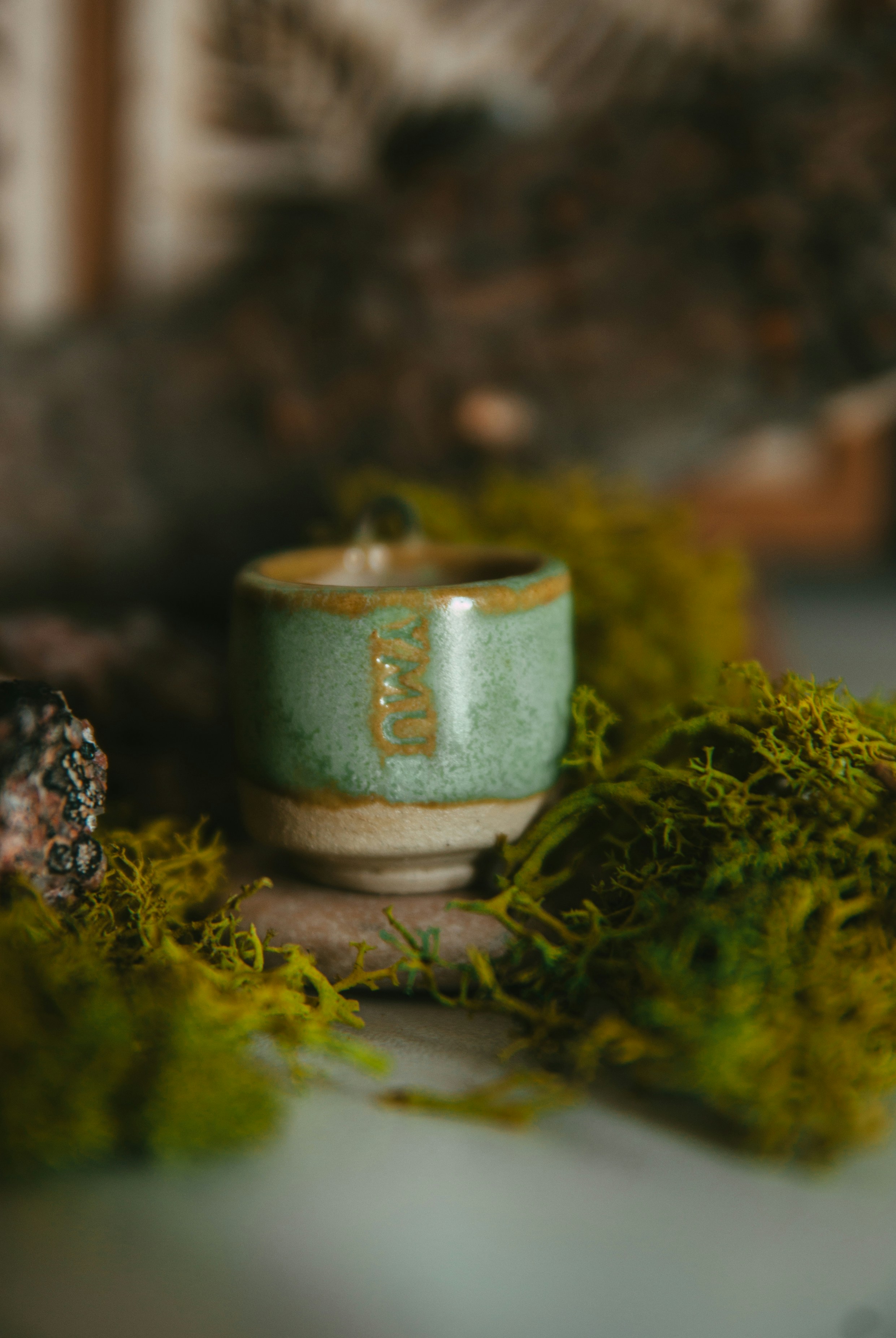 Close-up of a small teal ceramic cup with mossy surroundings, shallow depth of field emphasizing the pottery while the background remains soft and out of focus.