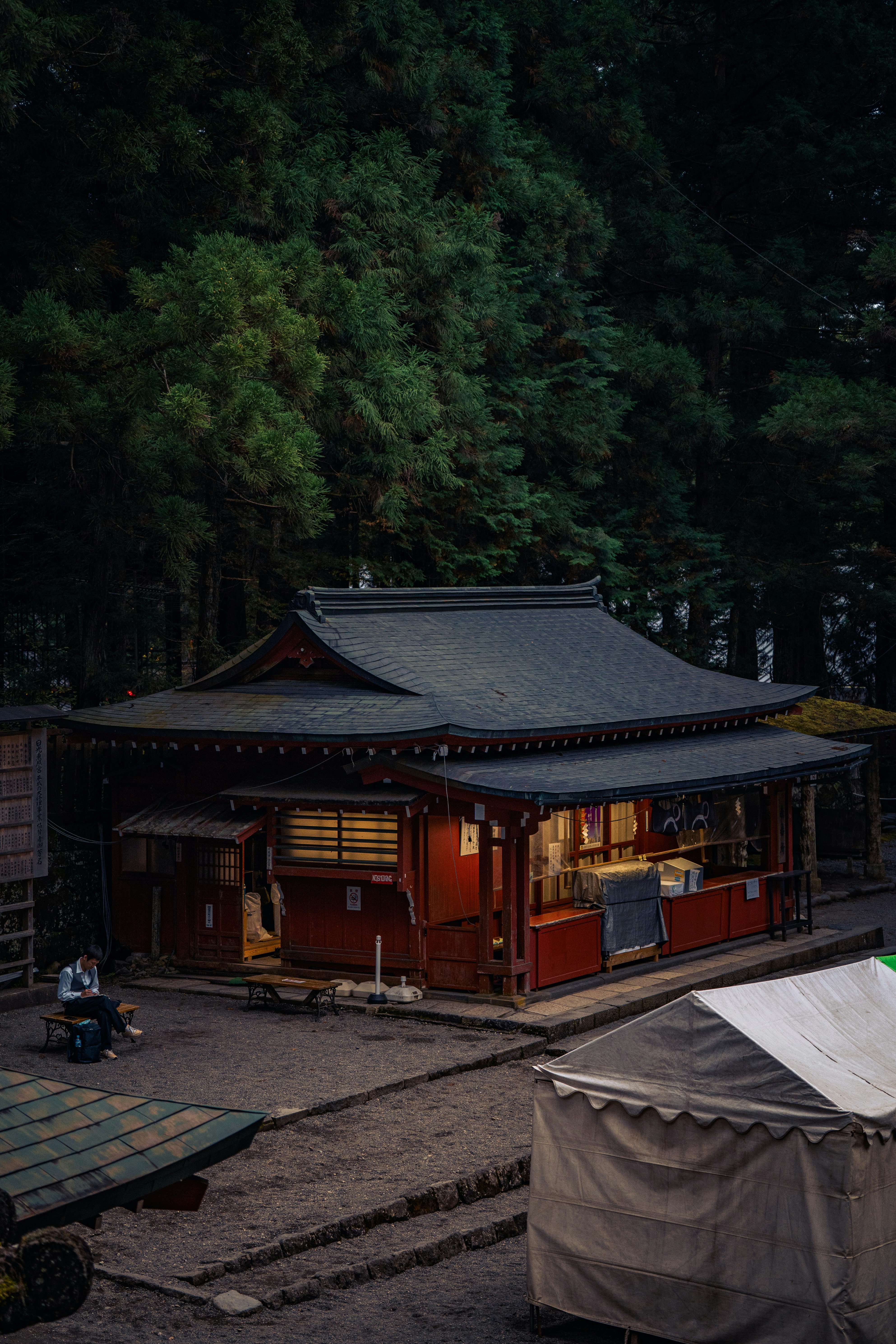 Dusk Lanterns Over a Quiet Shrine Lodge Nestled Among Pines
