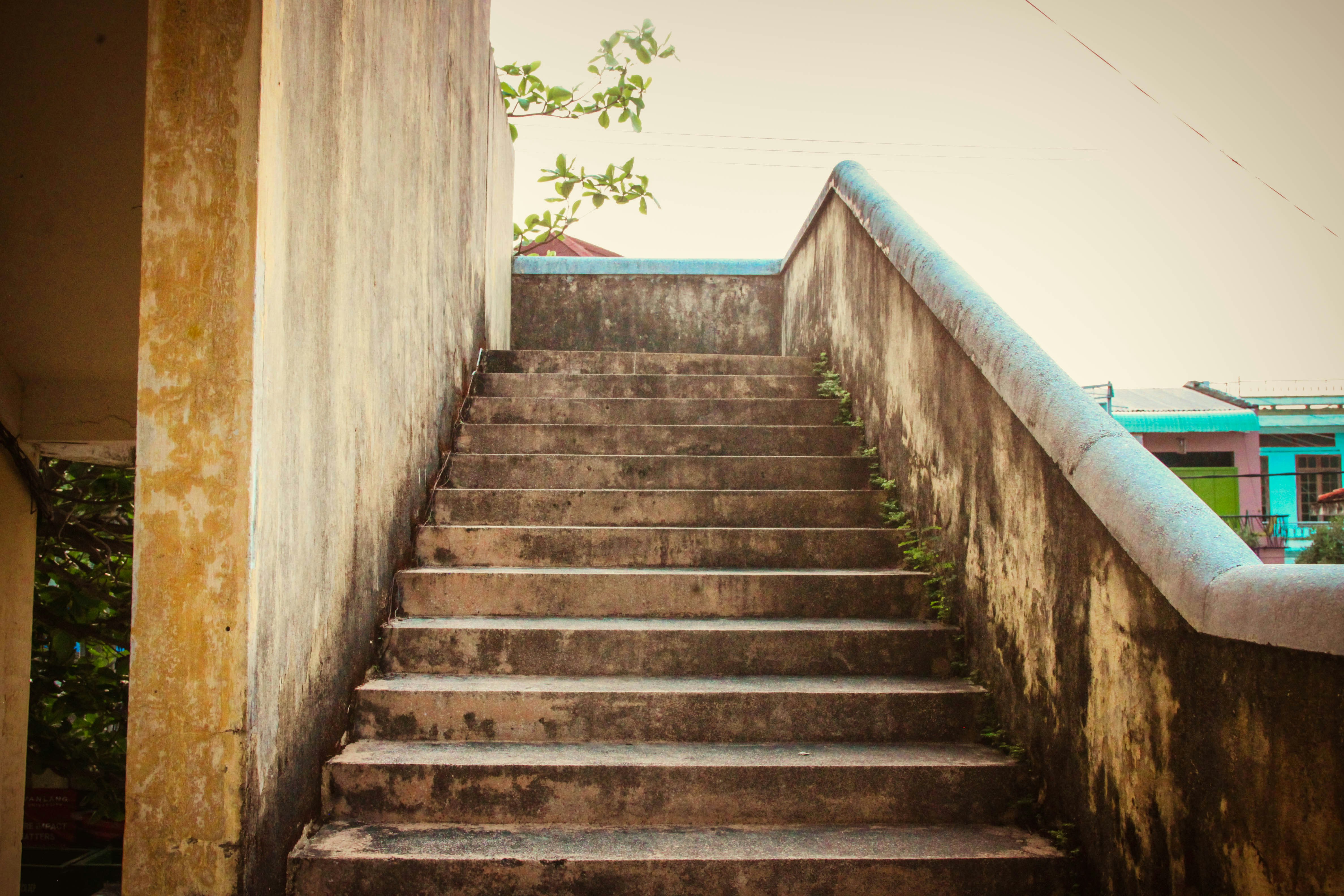 Weathered concrete stairs leading up to an open sky, framed by aged walls and scattered greenery.