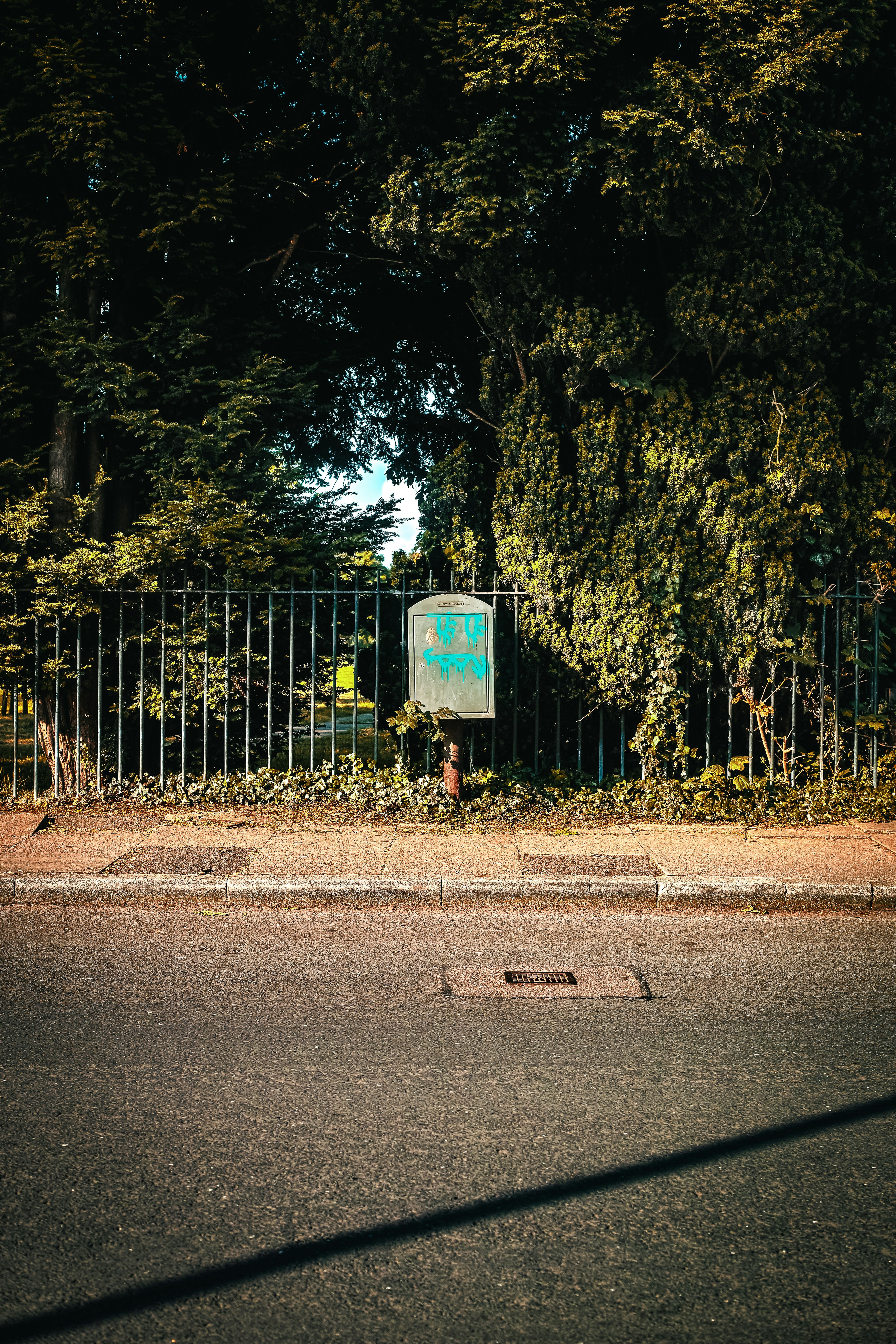 Weathered green mailbox on a rusted post stands before a wrought-iron fence, framed by ivy and dappled sunlight along a quiet street.