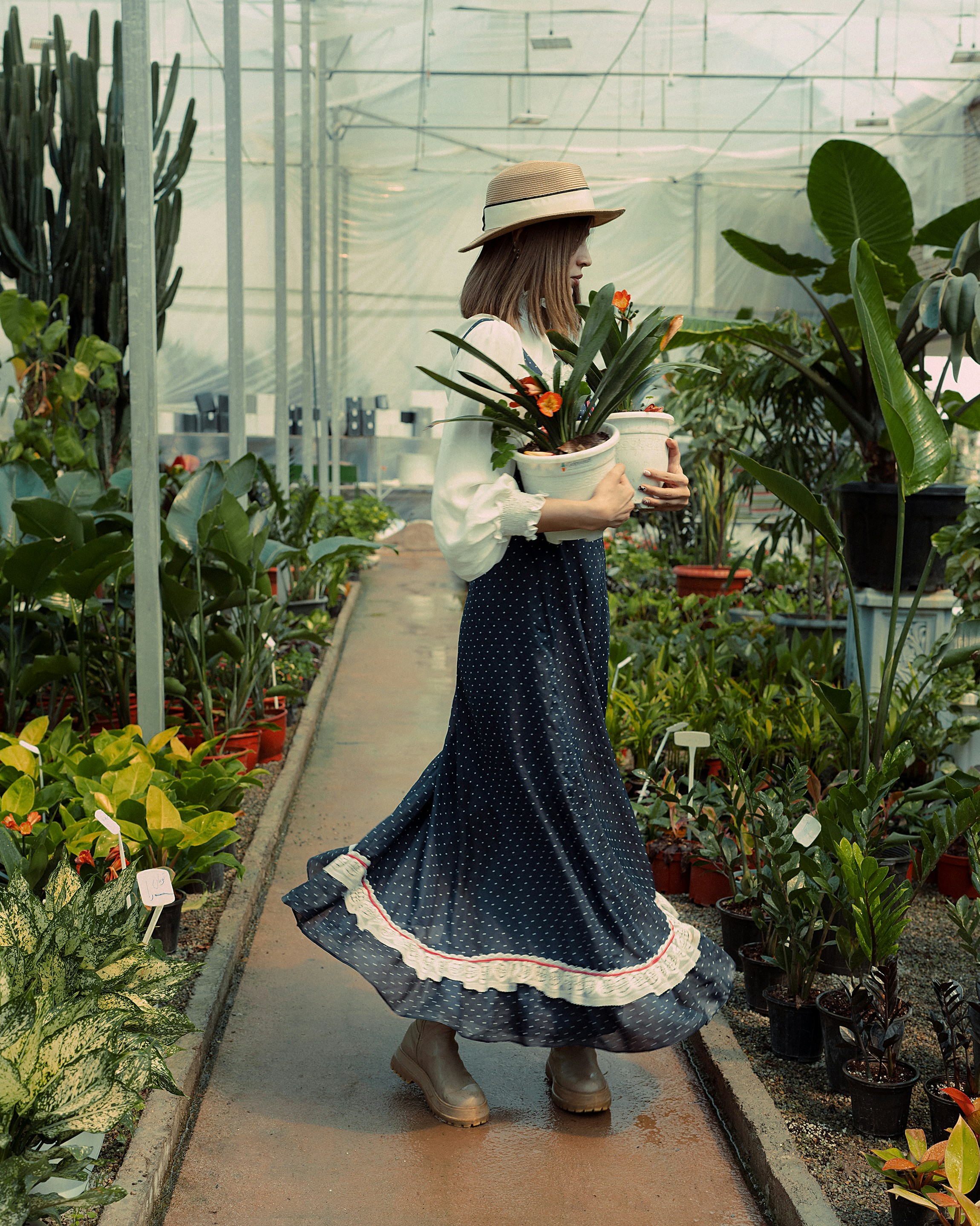 Herbal Harvest in a Greenhouse: A Woman in a Polka-Dot Dress Carries Blooms