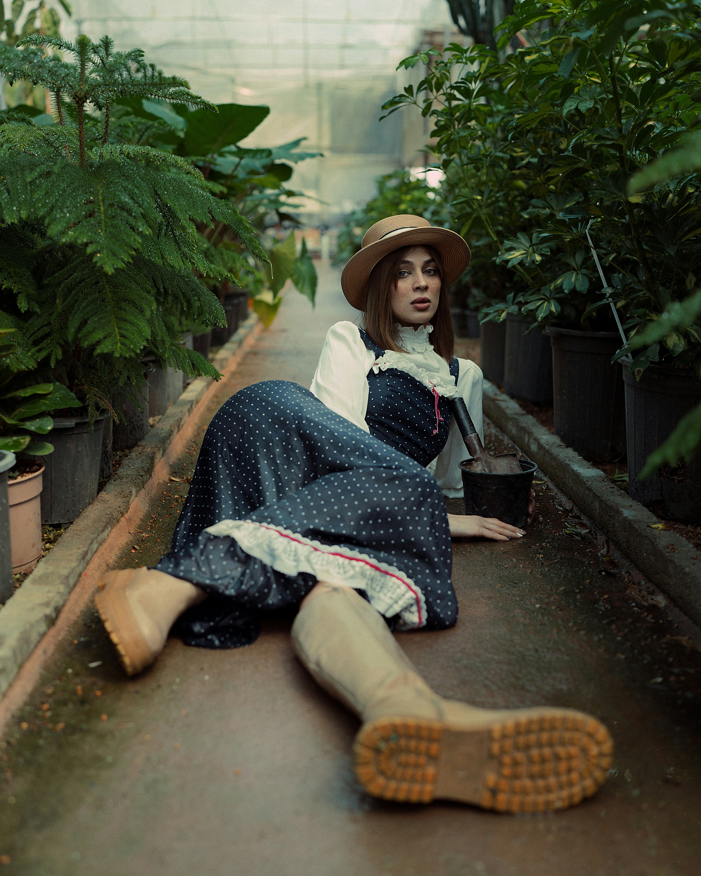 Greenhouse Gaze: A Vintage Portrait on a Quiet Conservatory Path