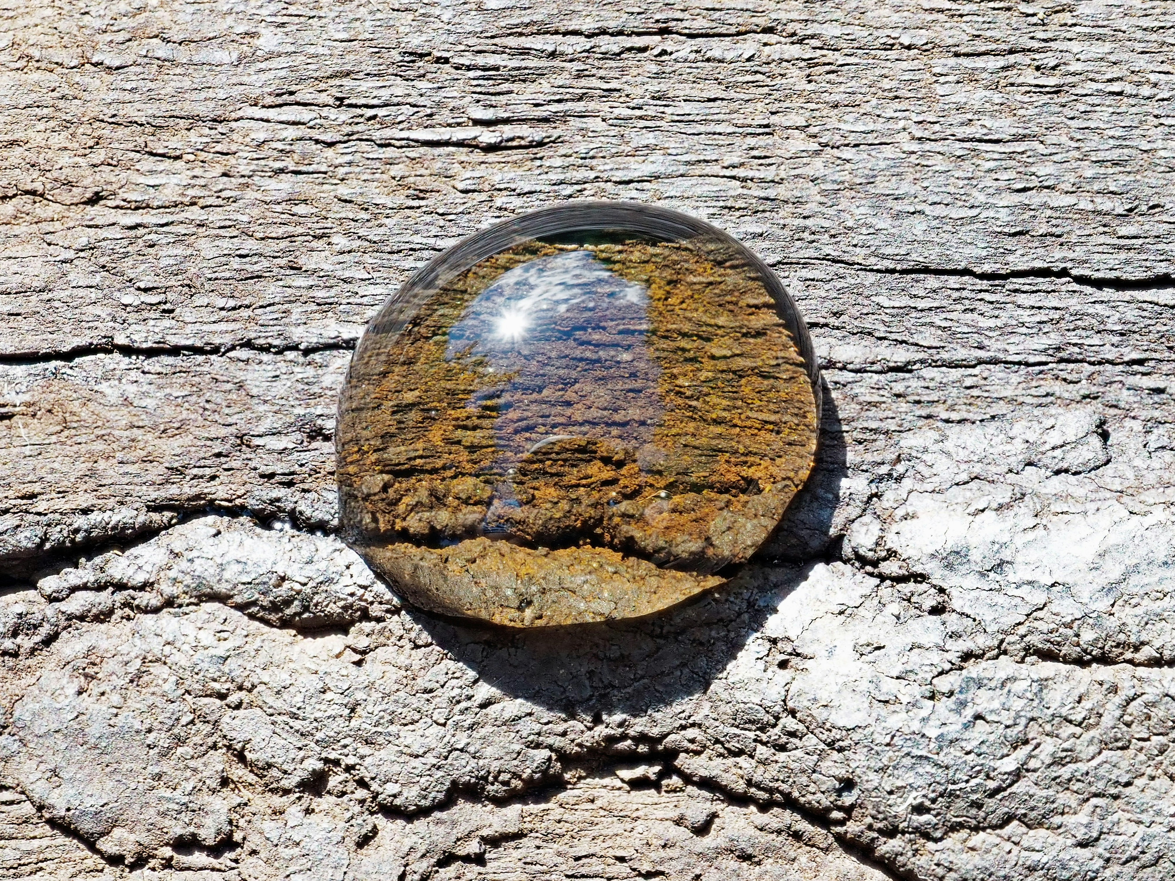 Orb in a Crack: Glass Marble Reflects Rugged Light on Weathered Stone