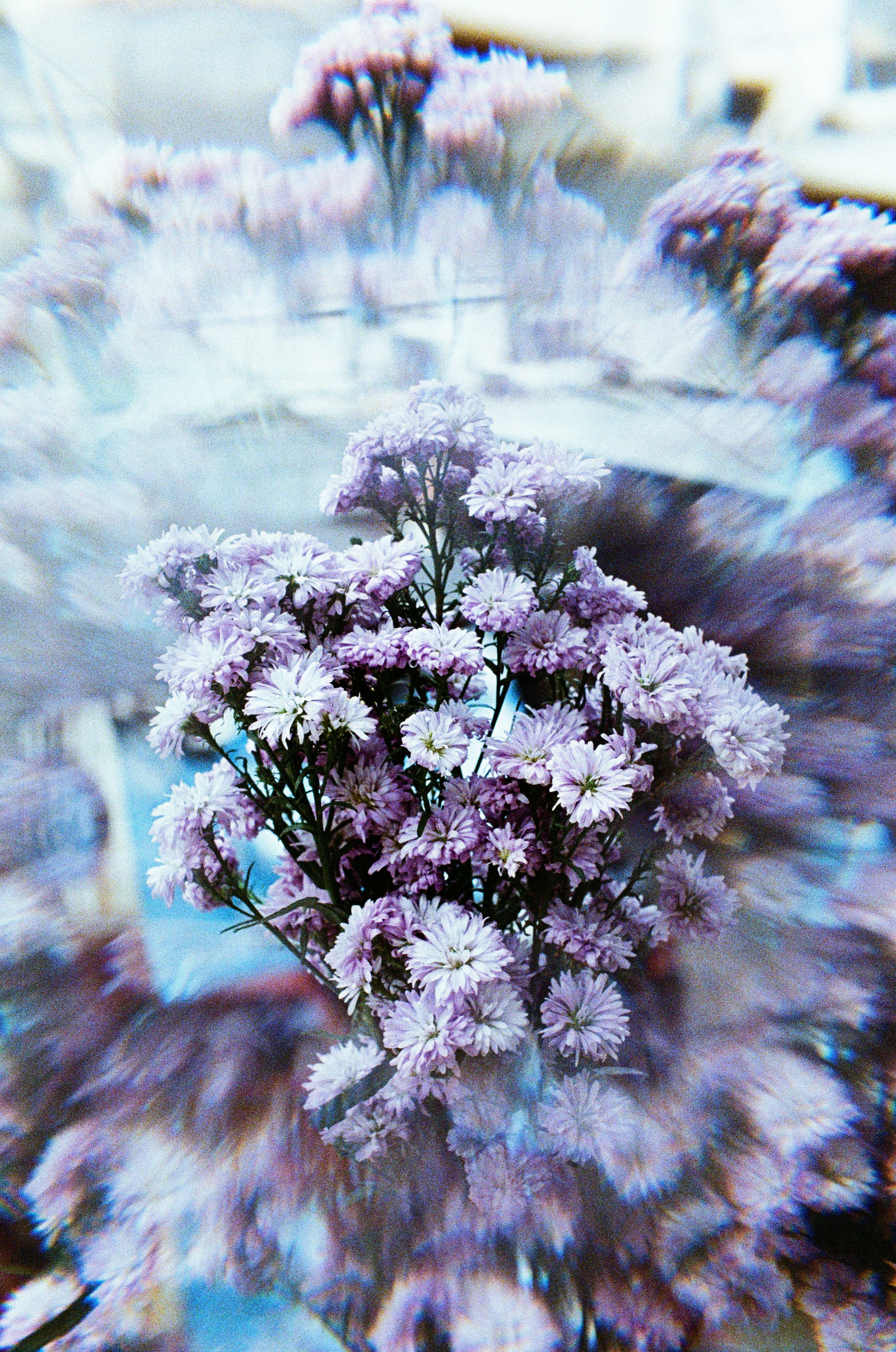 A purple bouquet photograph captured with a strong radial blur, yielding a dreamy, kaleidoscopic composition.