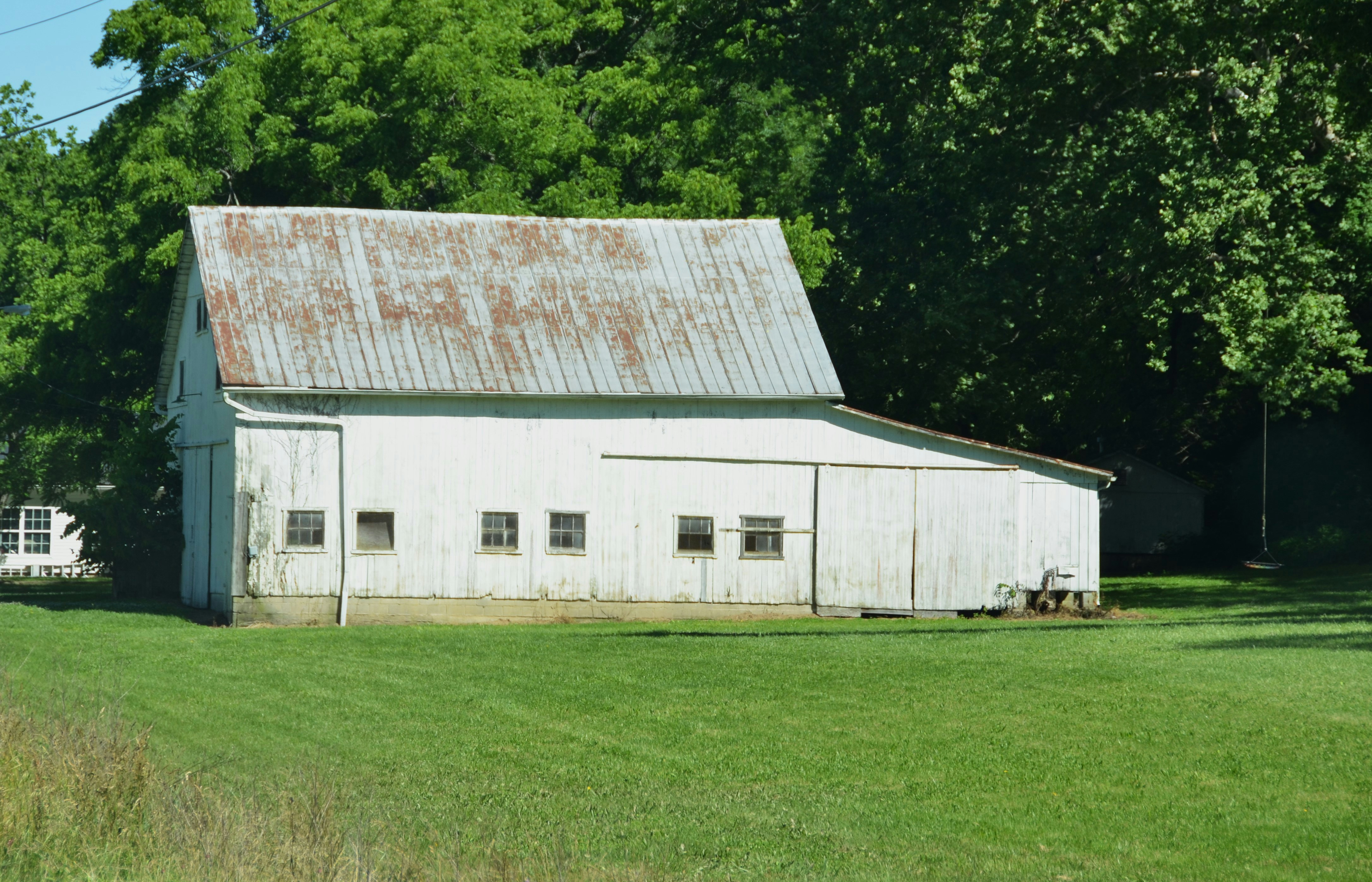 A white barn with a rusted roof in a field photo – Free Grey Image on ...