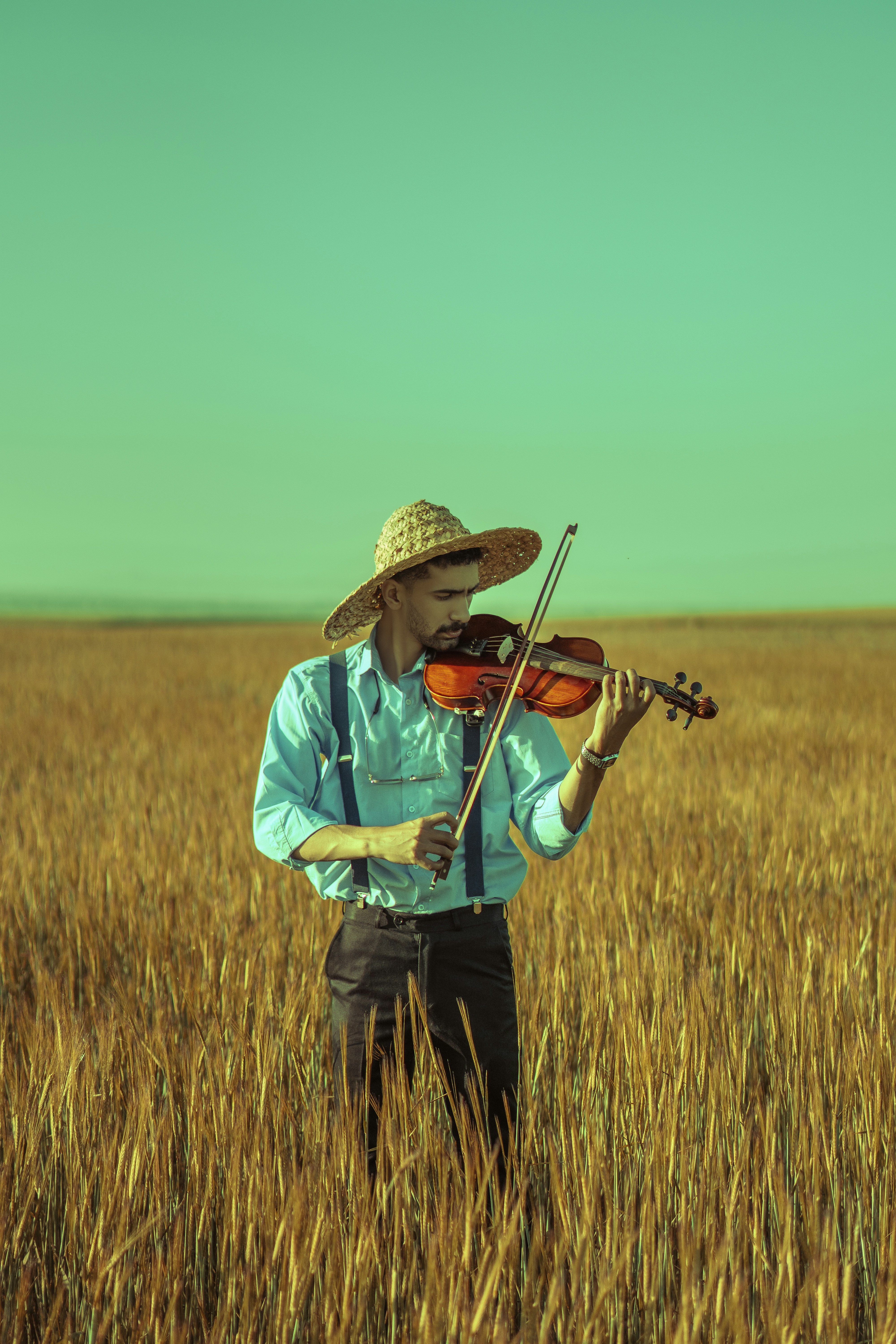 Harvest Serenade: Violinist Among Golden Stalks Under an Uncommon Green Sky