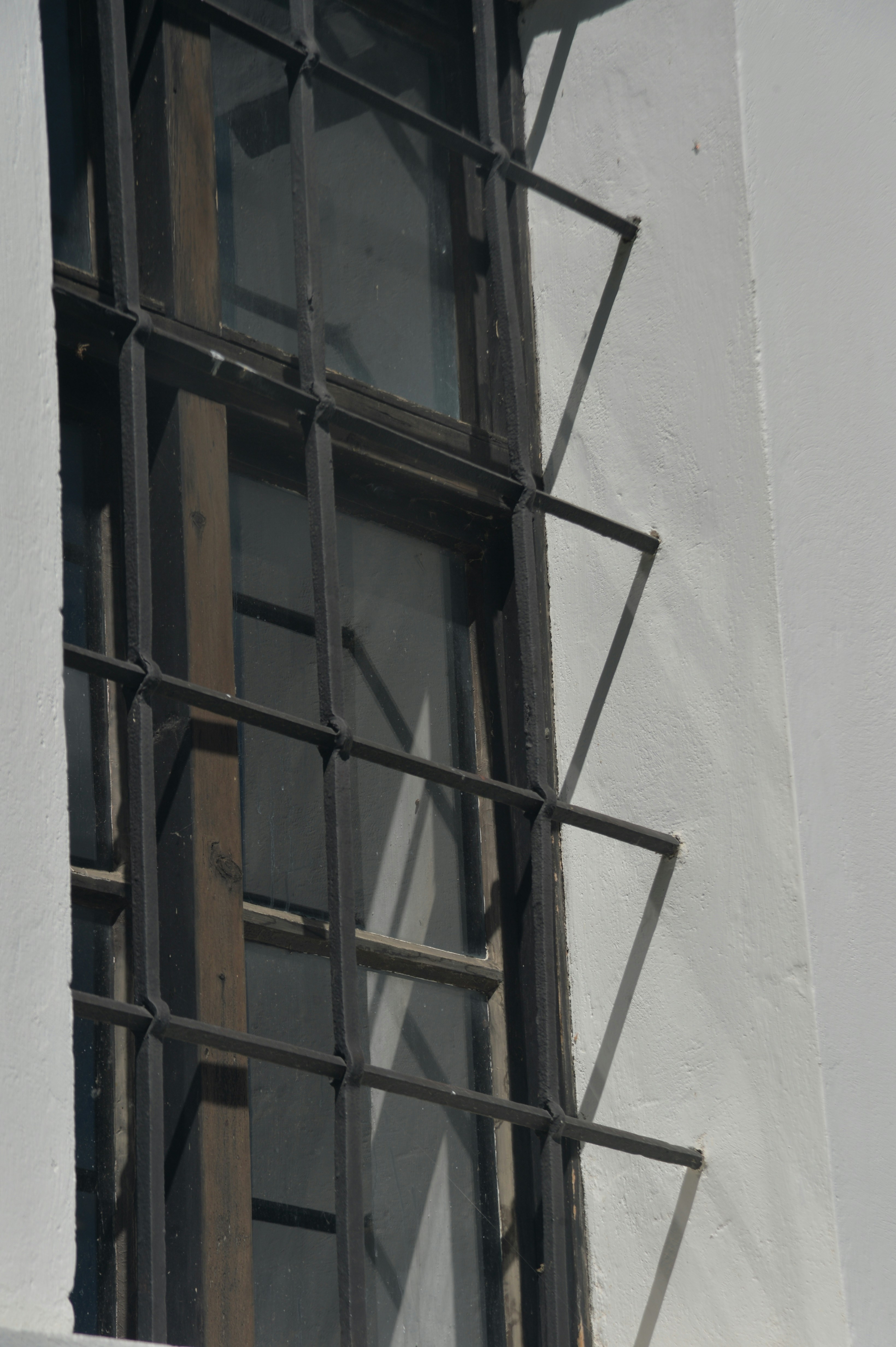 Gridwork on White: Sunlit Window Bars Framing a Quiet Facade