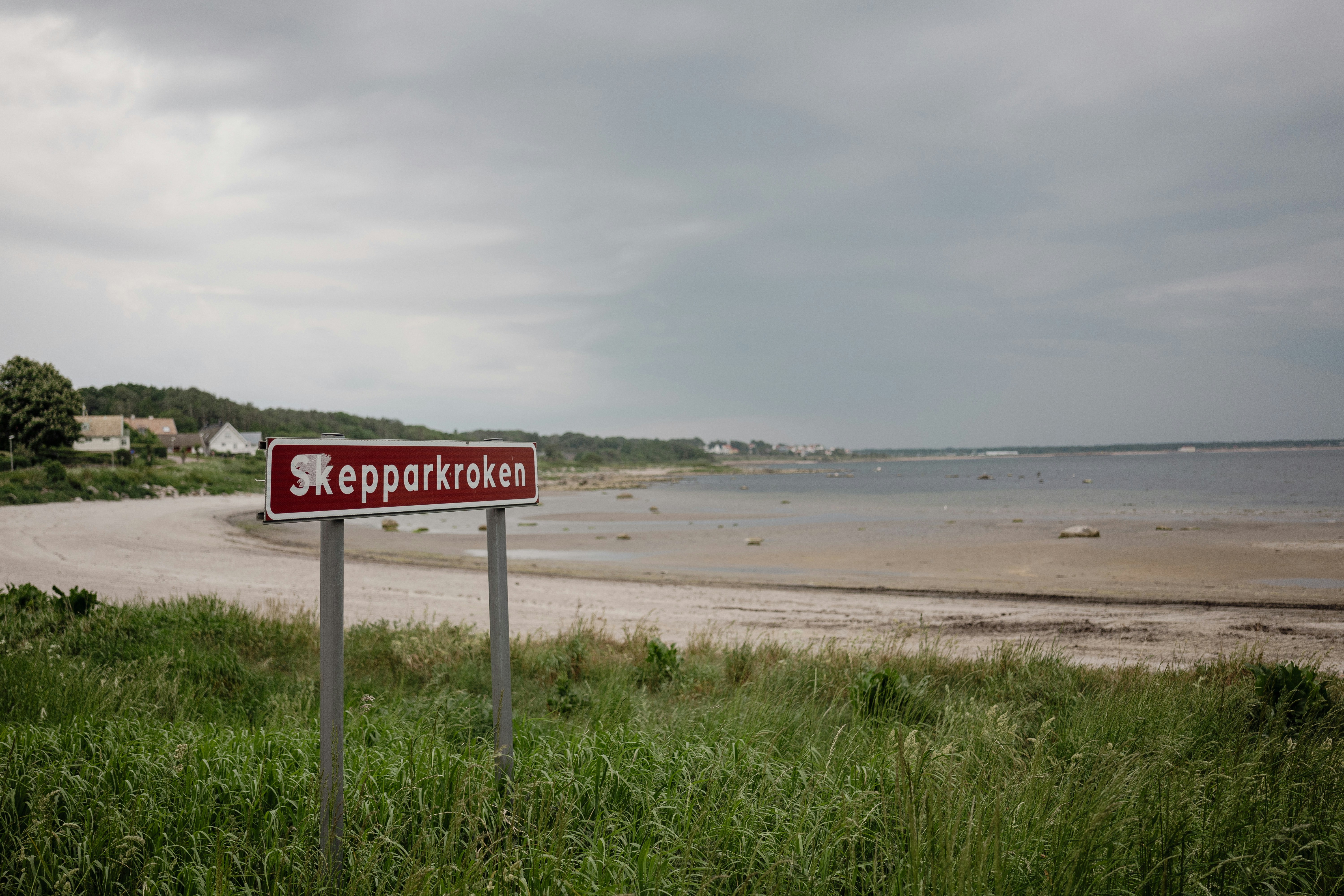 A red street sign sitting on the side of a lush green field photo ...