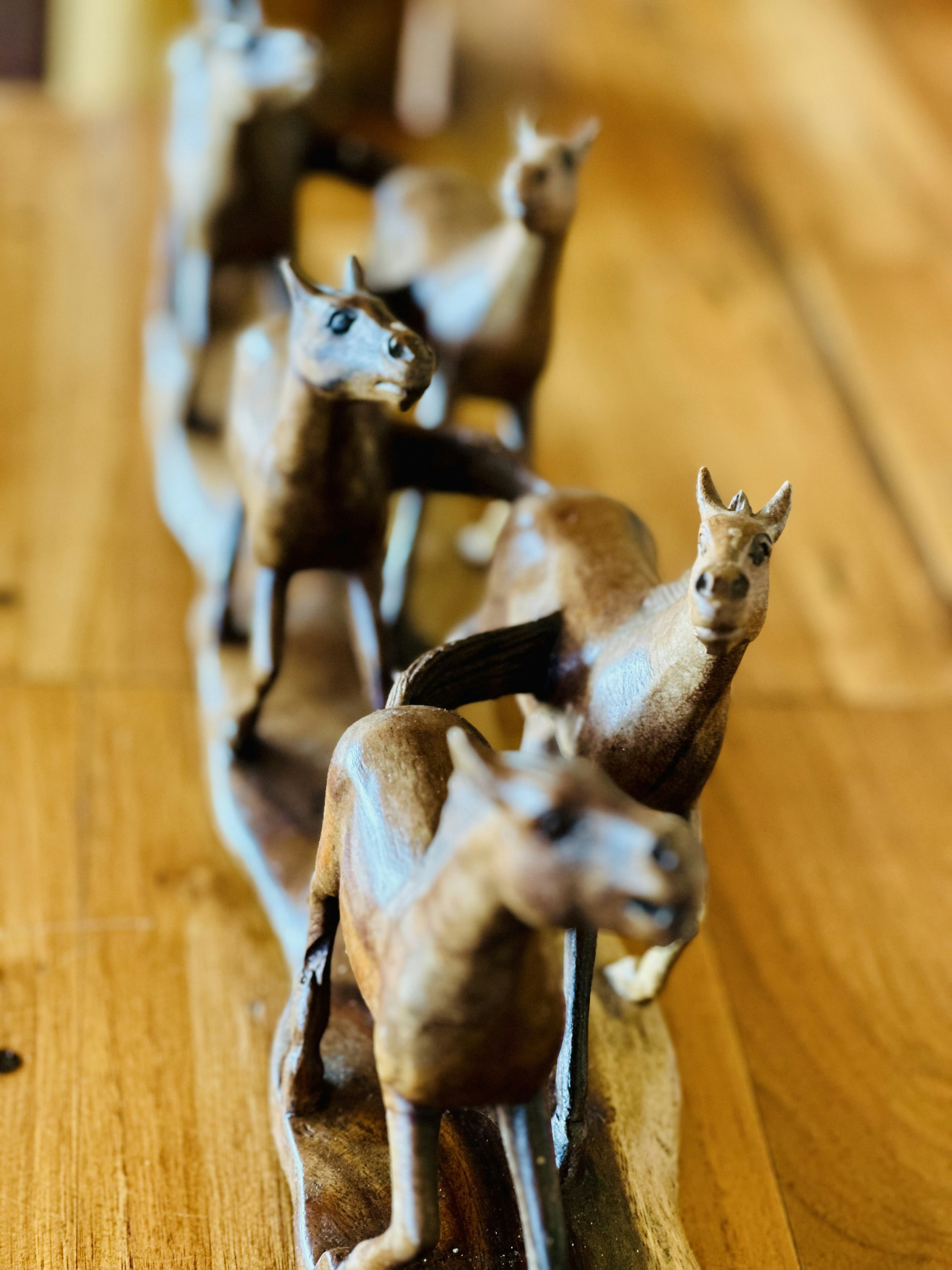 Parade of carved horses along a sunlit wooden floor