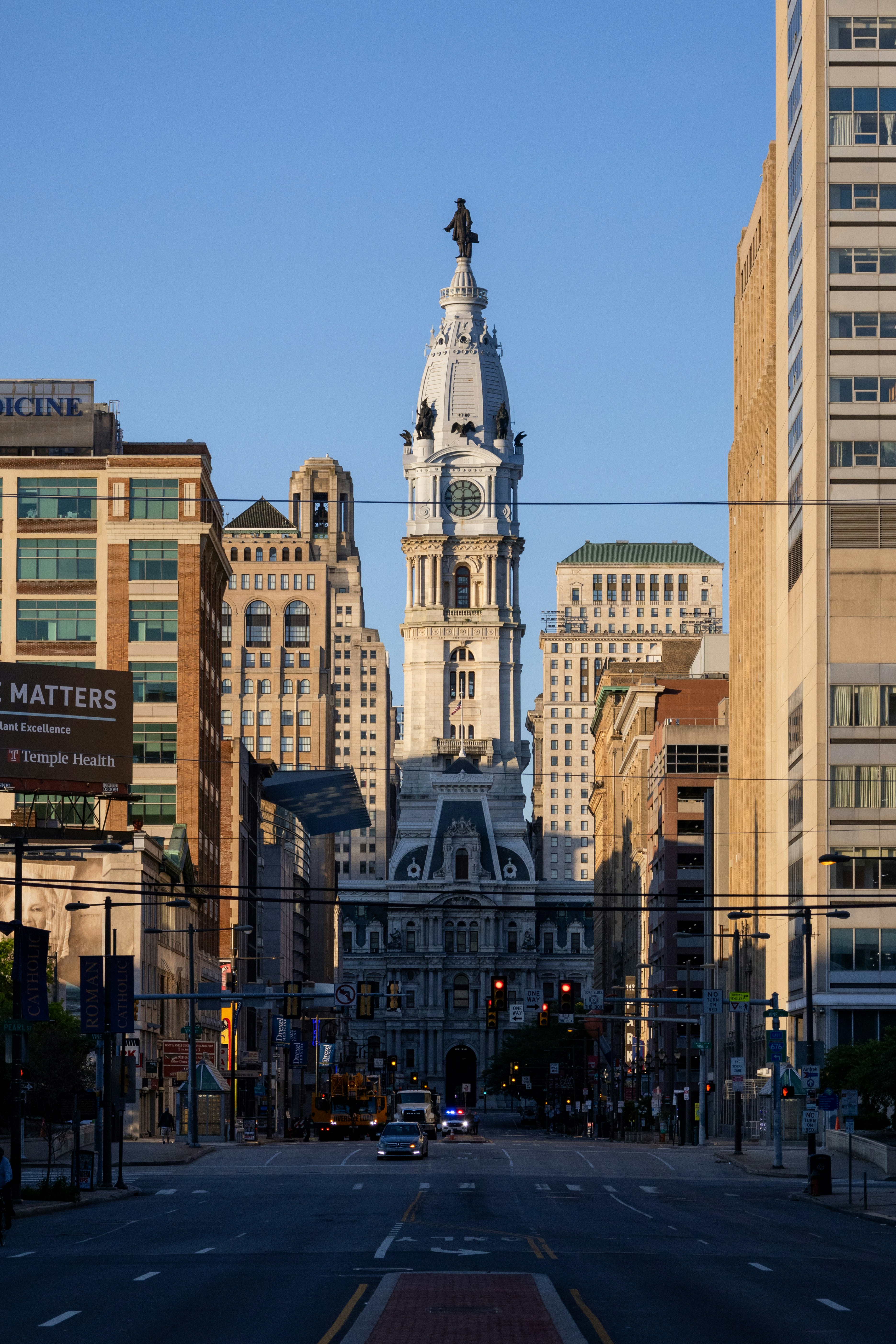 Clocktower Crown Over the City Grid: Philadelphia City Hall in Morning Light