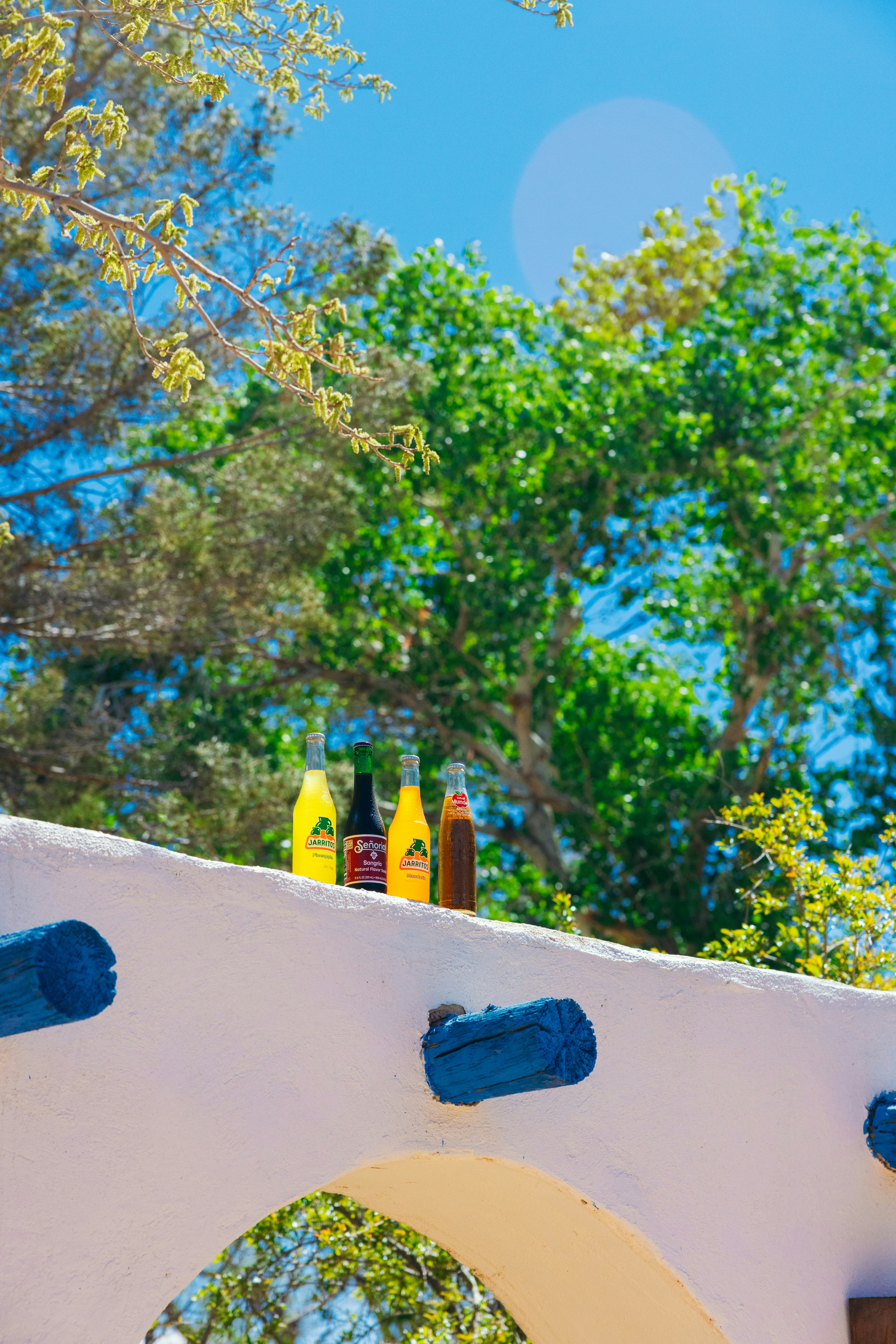 The Flavors of Mexico drinks, Sangria Senorial, Sidral Mundet, Jarritos Pineapple, and Jarritos Mandarin, are displayed along a white arched fence. A side, far view of the product.