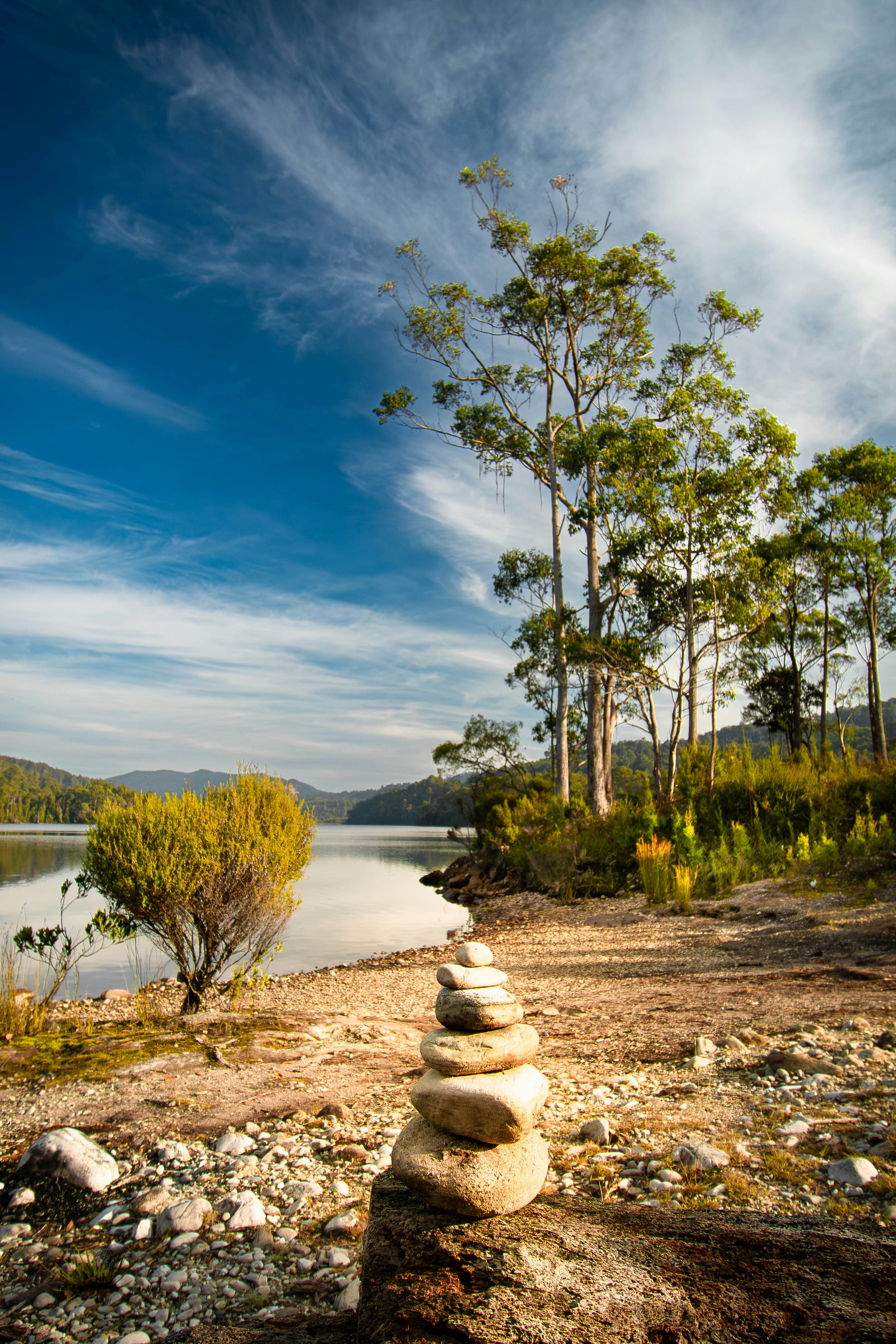 Stone Cairn at the Lakeshore: Pines, Light, and Open Water