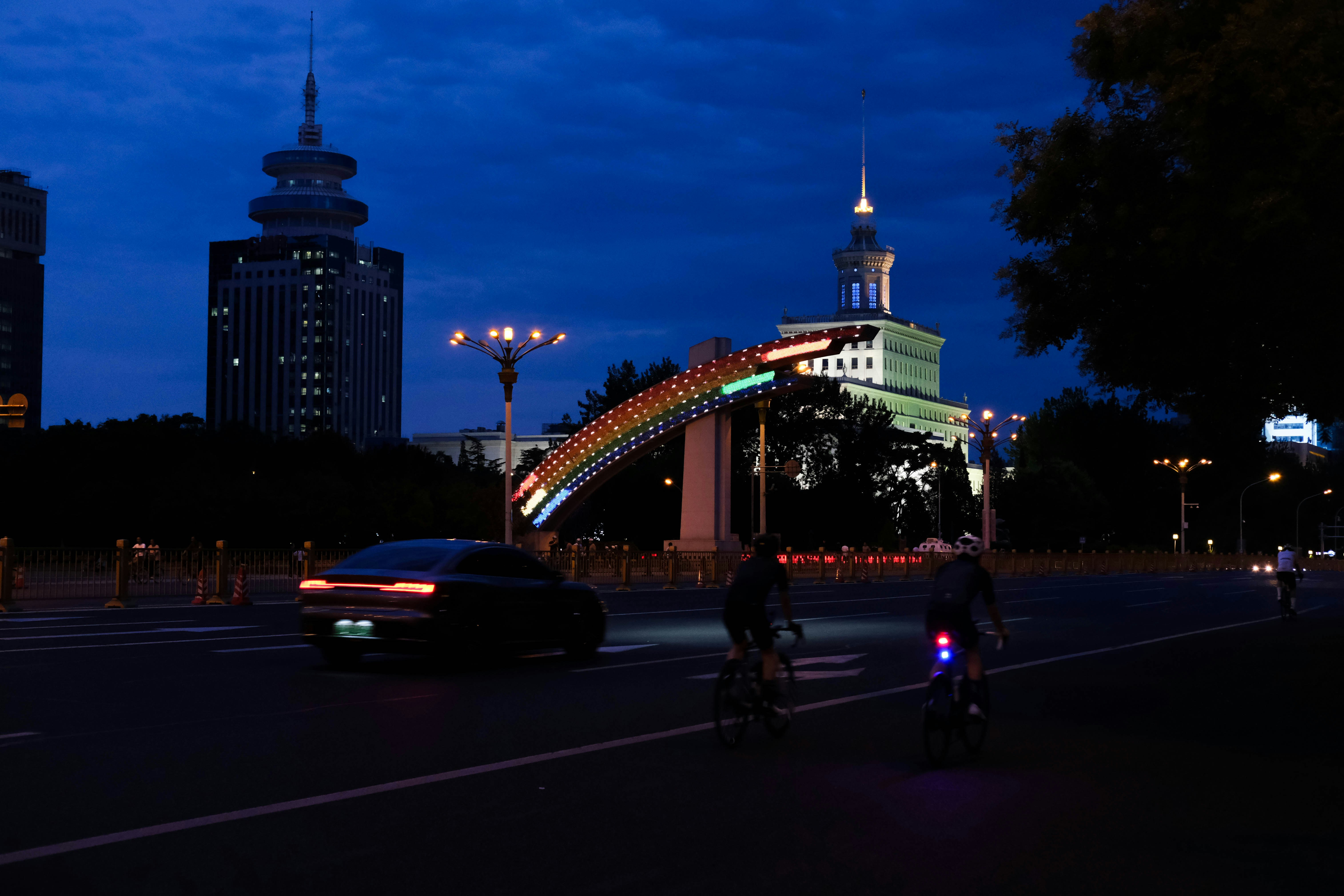Neon Arch over a Quiet City Boulevard