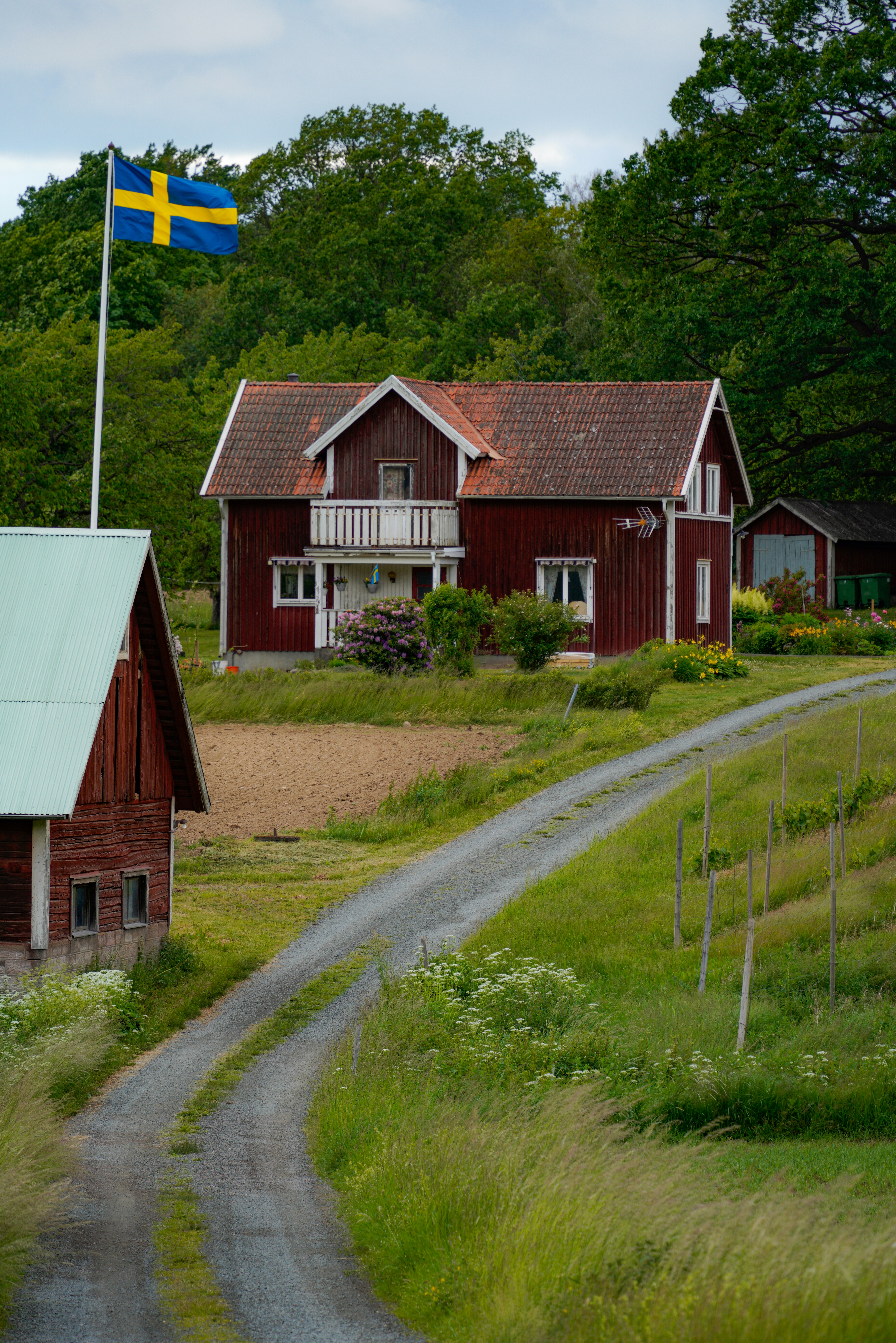 Flag at the Red Farmhouse: A Quiet Swedish Countryside Roadscape