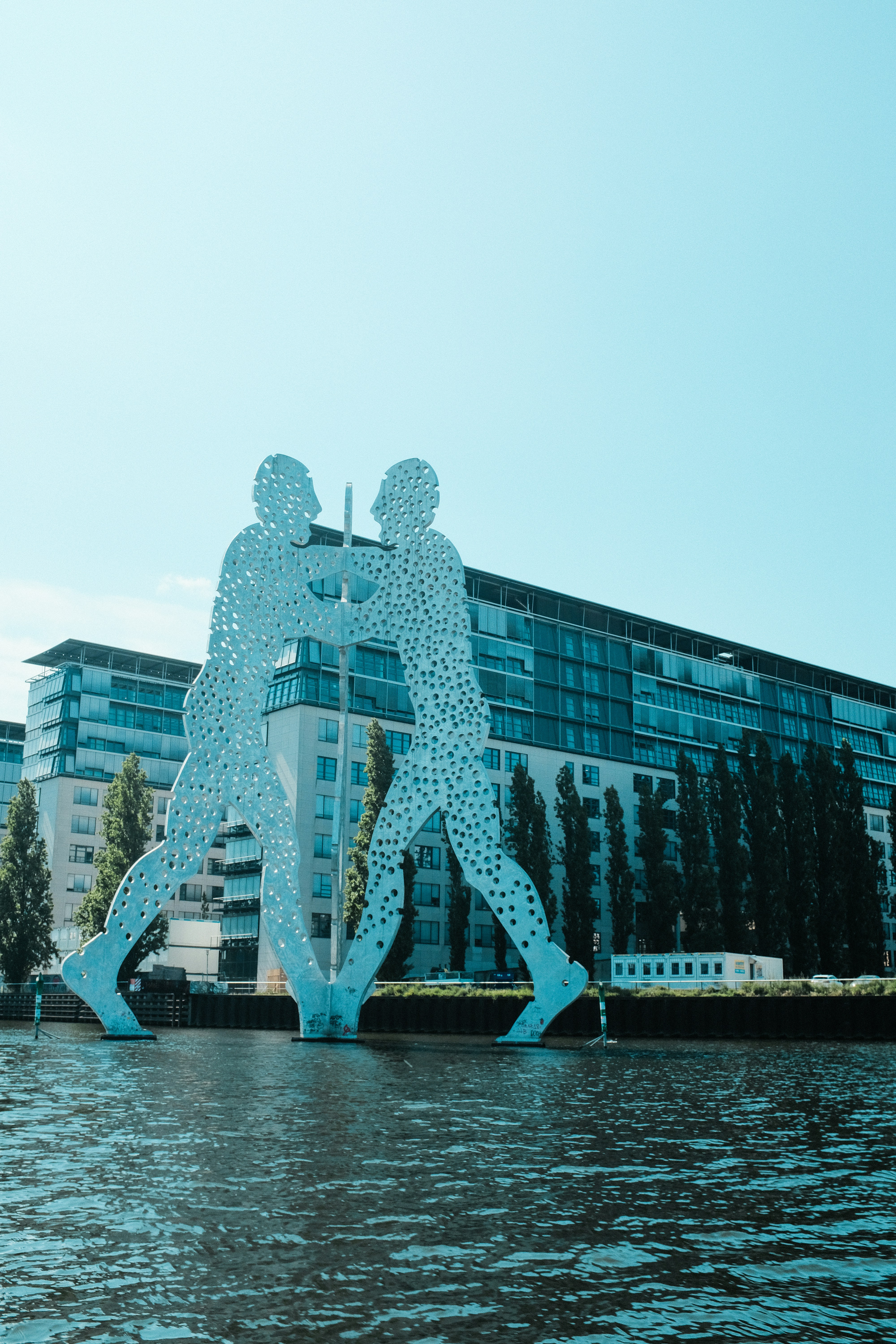 Sculpture "Molecule Man", by the artist Jonathan Borofsky, at the Spree river in Berlin