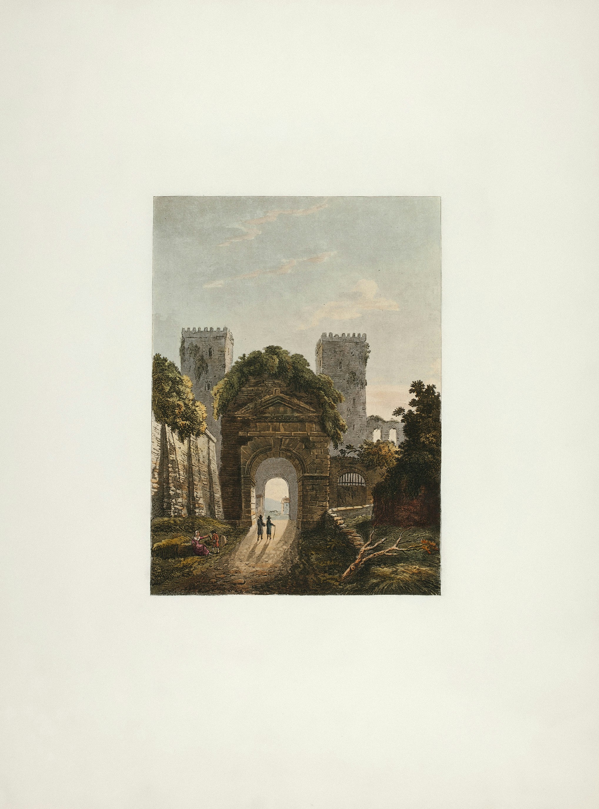 Two figures walk through an ancient archway towards towers. photo ...