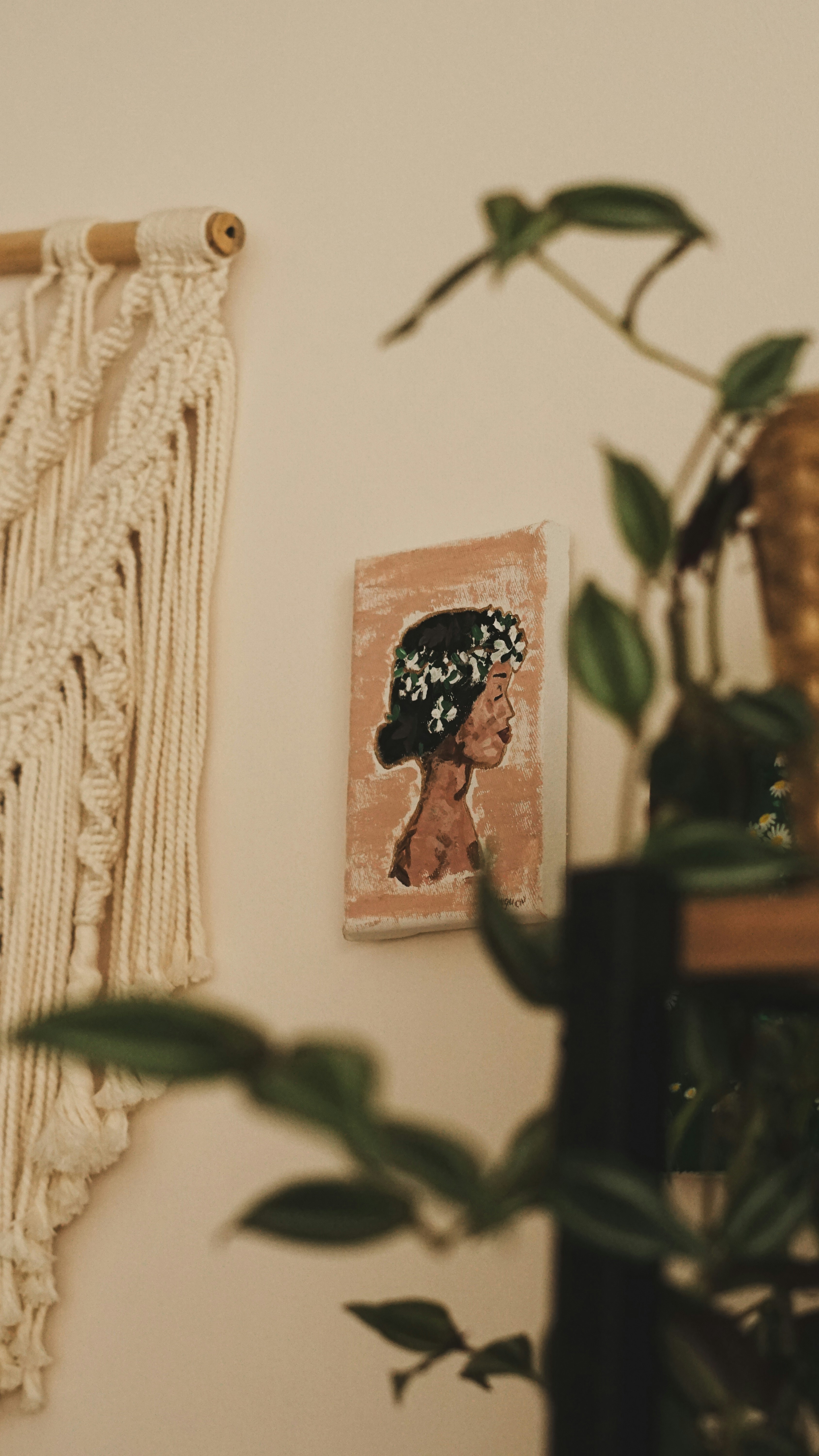 Plant Framing: A Quiet Corner with Macramé and Portrait Study