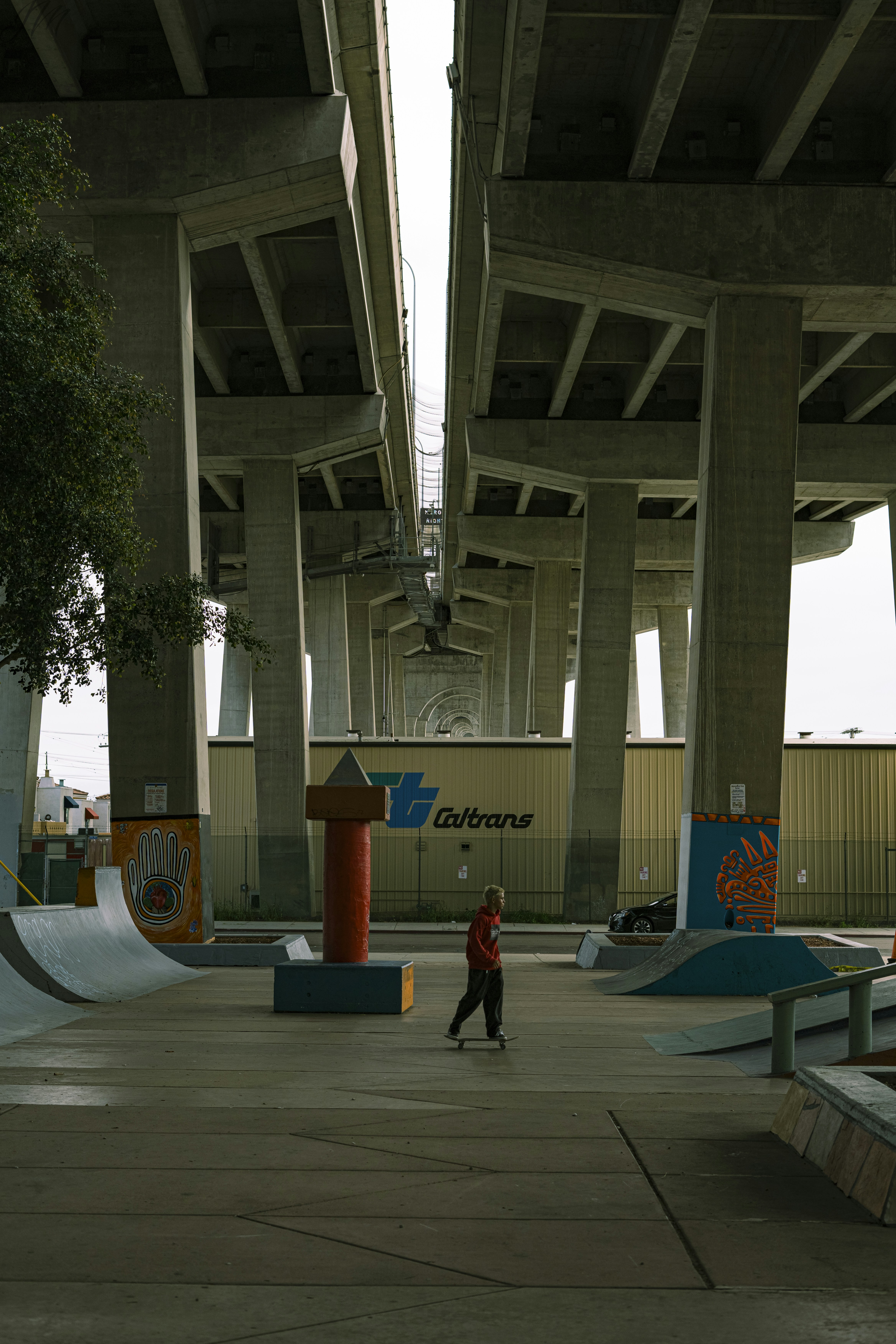 Red-Jacket Glide Beneath the Concrete Giants