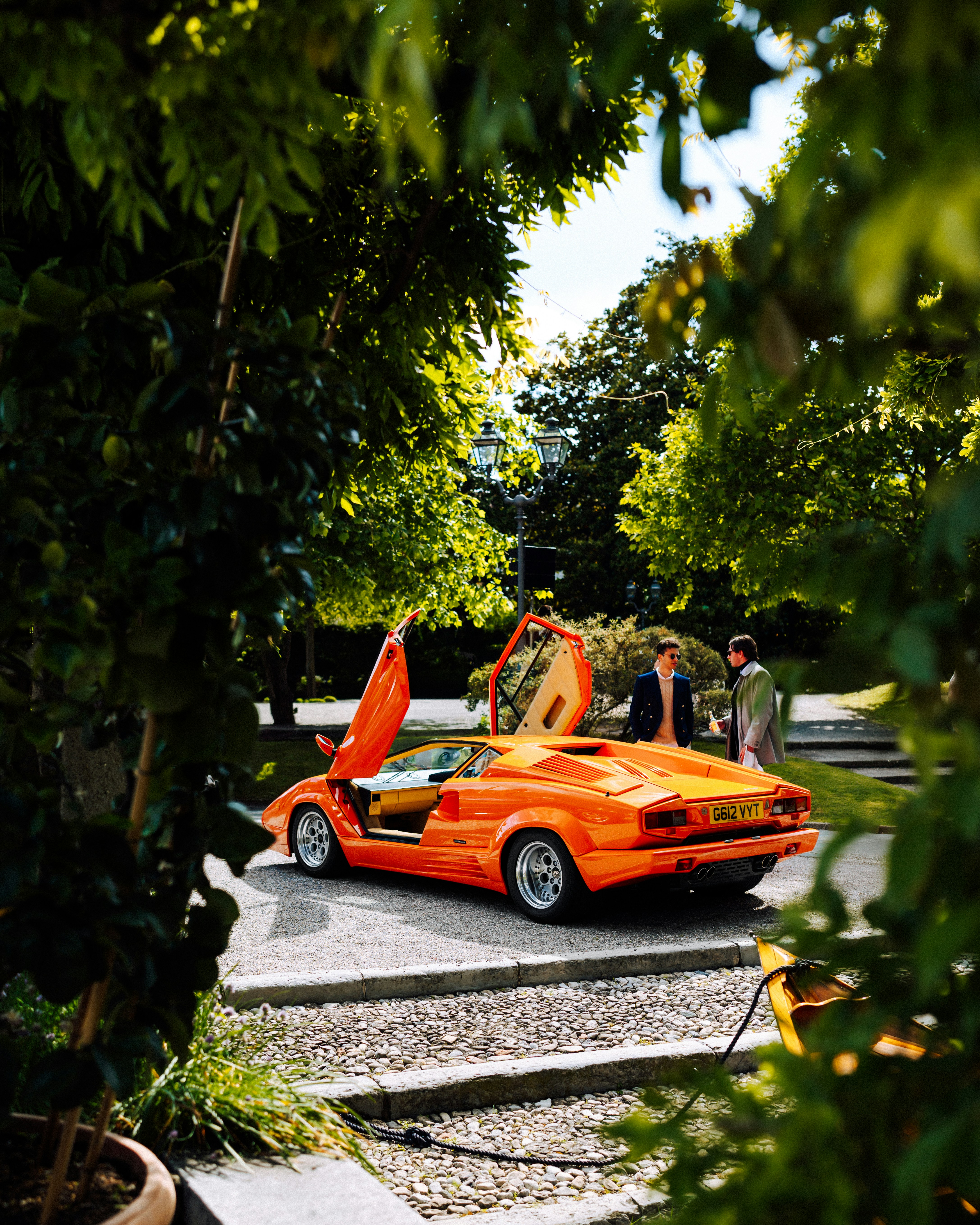 Gull-wing in the Garden: An Orange Supercar Framed by Dappled Greenery