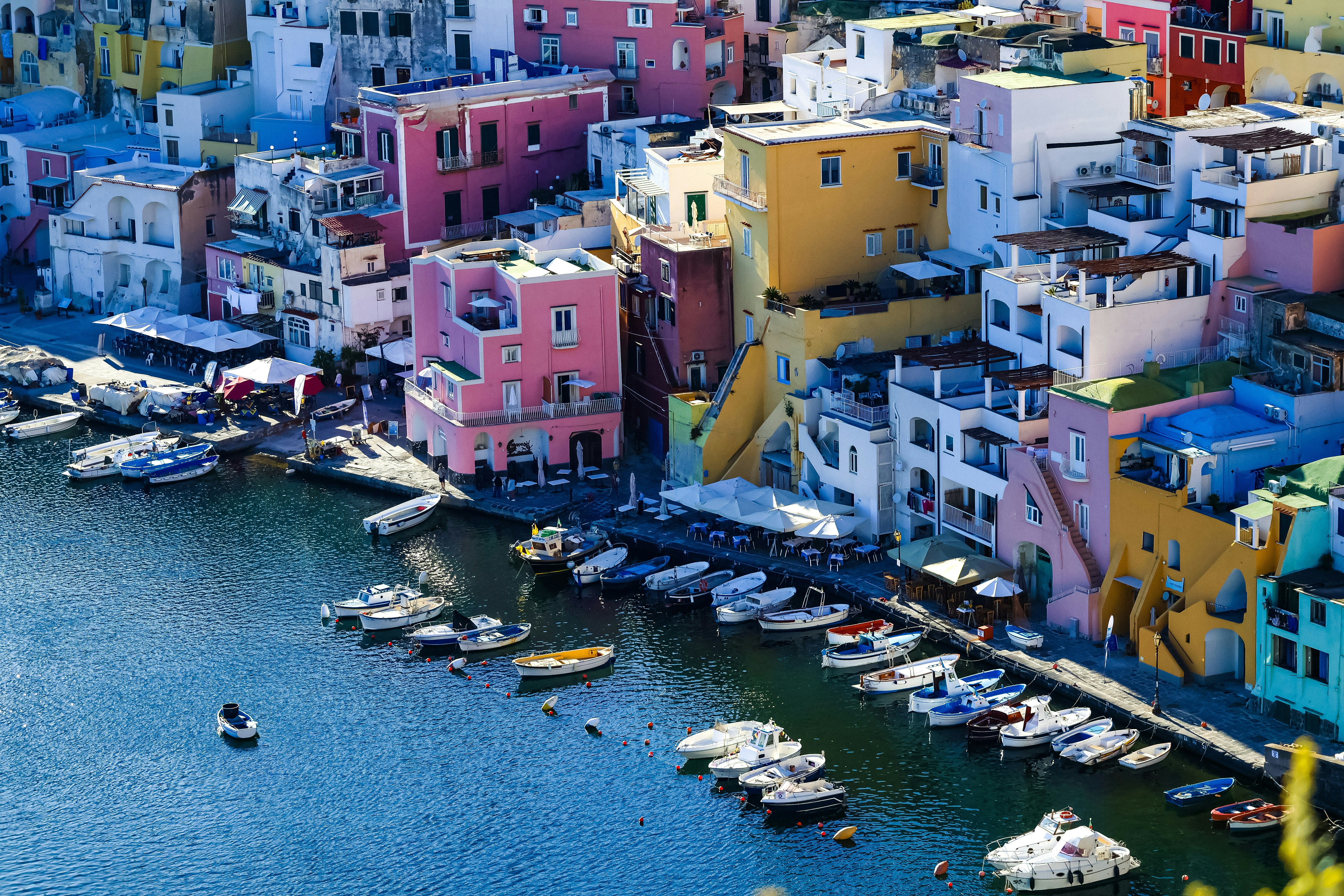 A view of a harbor with boats in the water