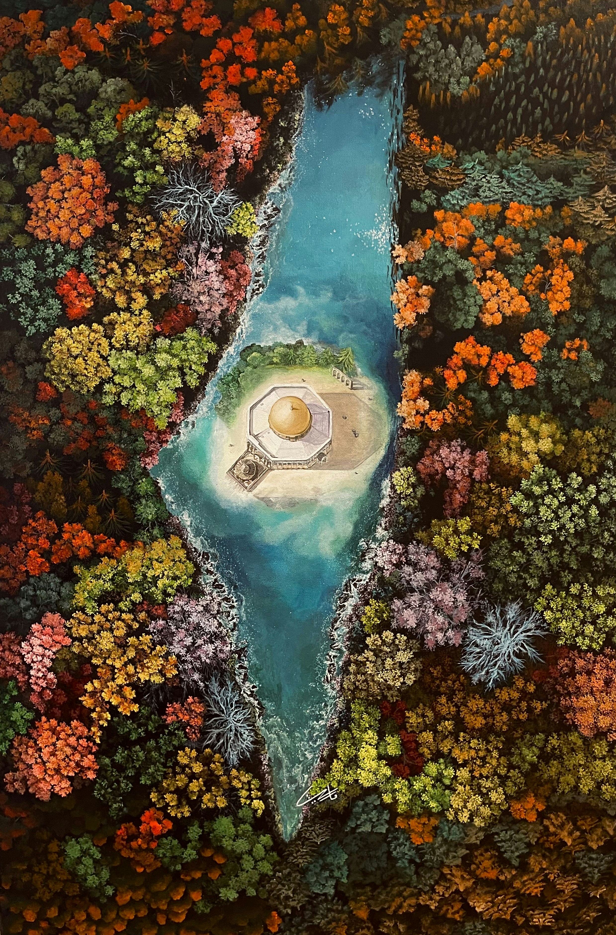 Vibrant autumn forest forms a winding turquoise river that encircles a central stone island with a domed structure.