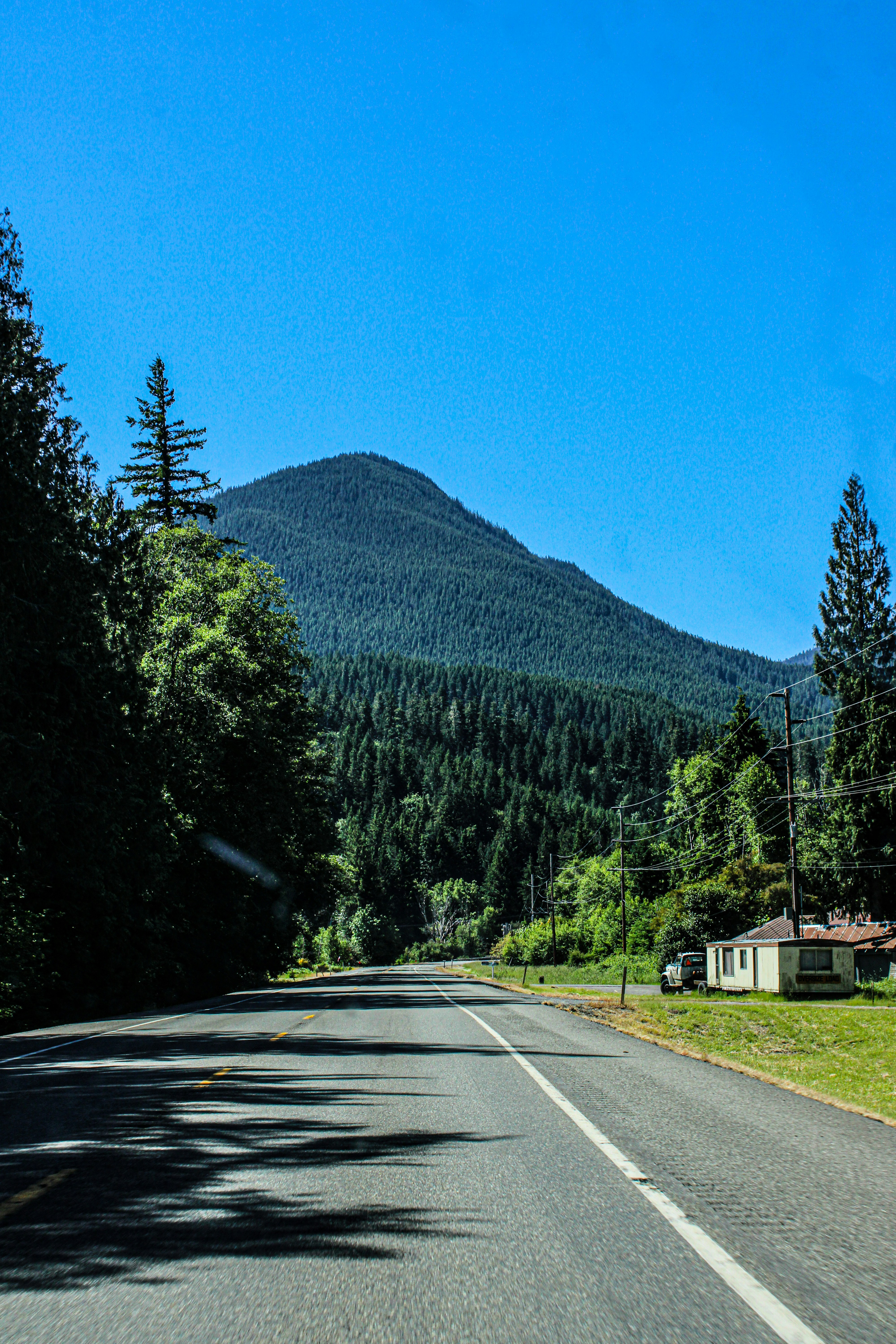 Road toward the forested summit under a cobalt sky