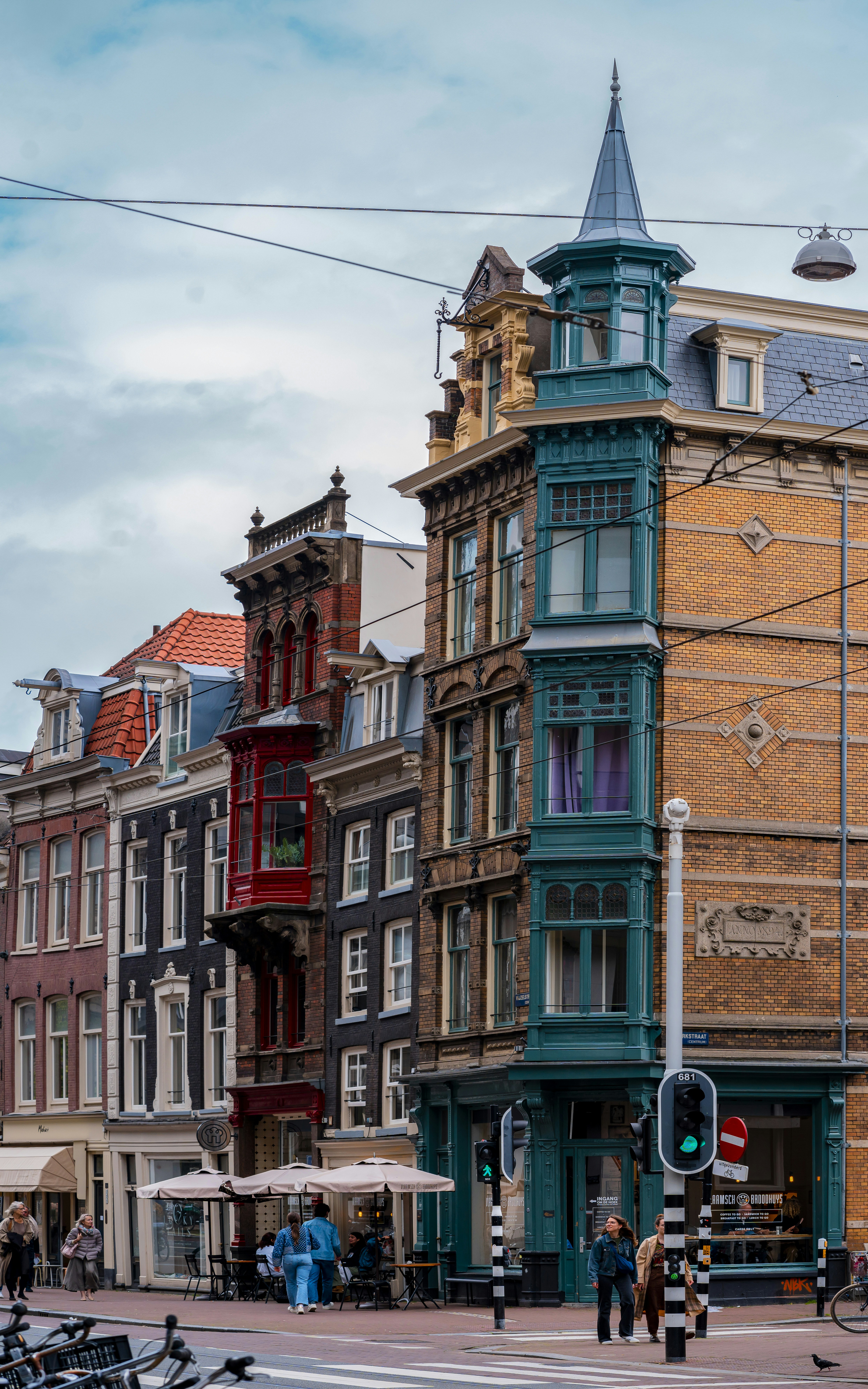 Teal Turreted Corner: A Row of Historic Dutch-Style Facades