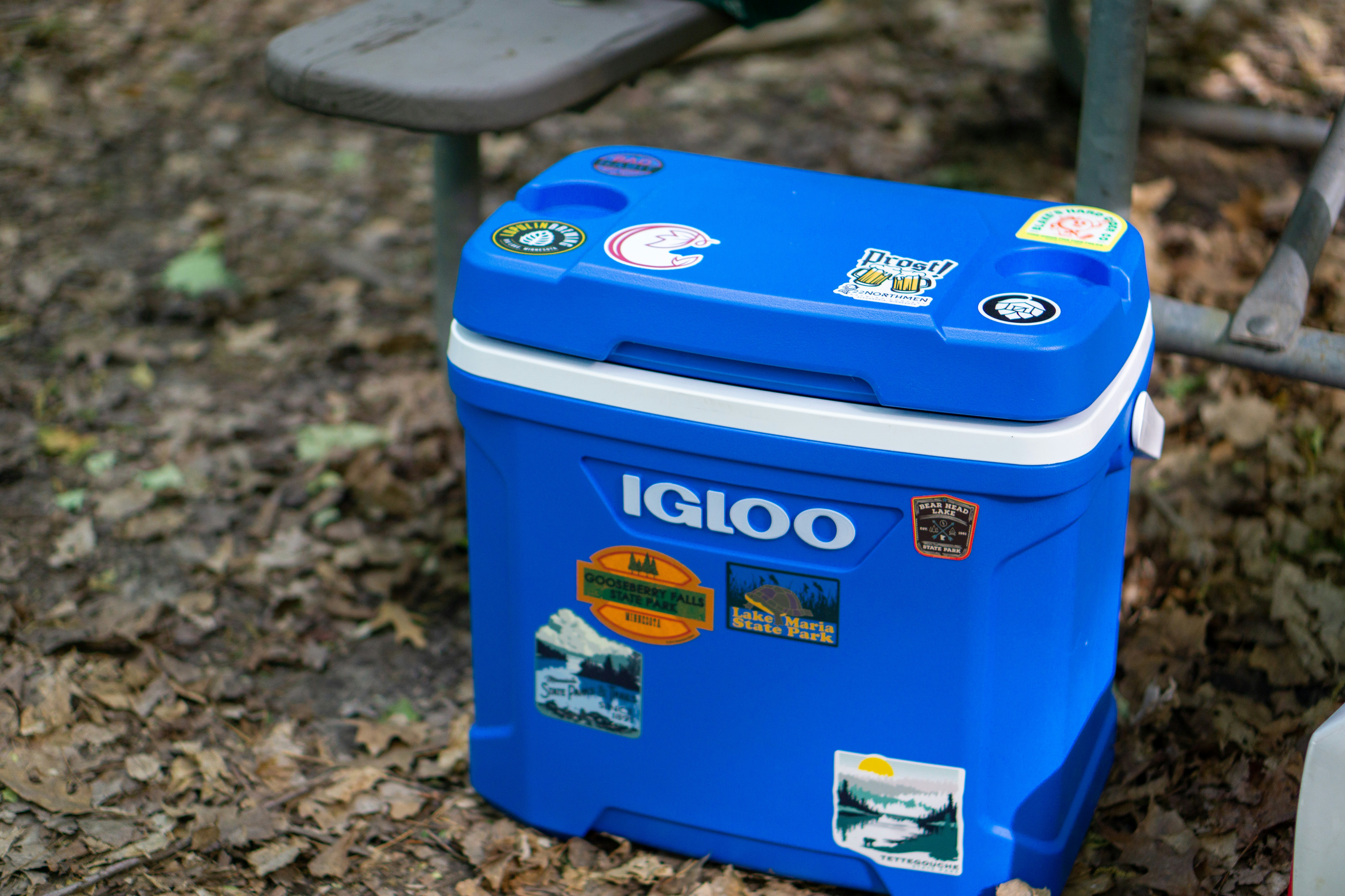 A blue cooler sitting on the ground next to a bench photo – Free ...