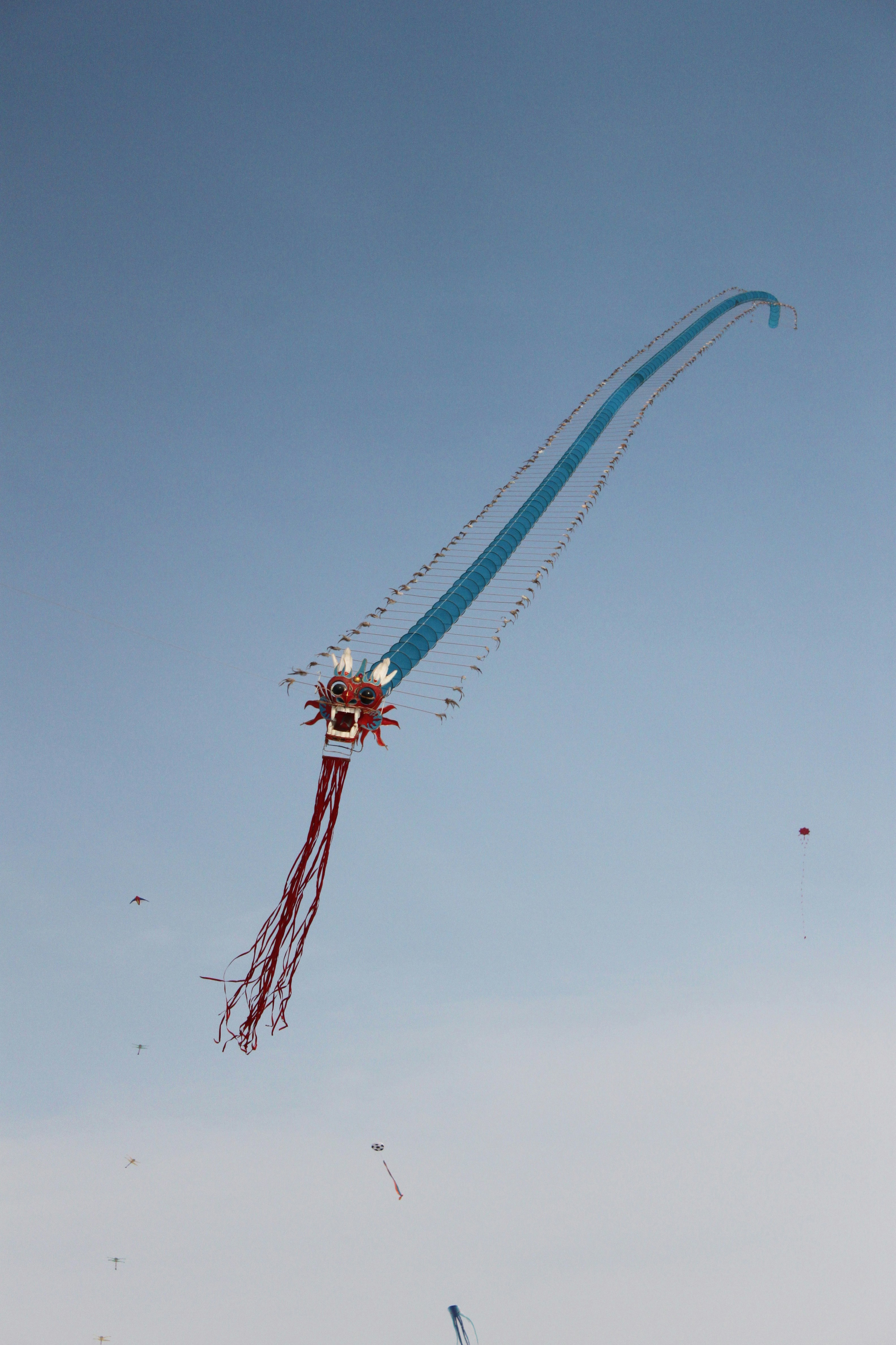 Azure Dragon Kite Arc: Crimson Tails Trail Through a Clear Sky