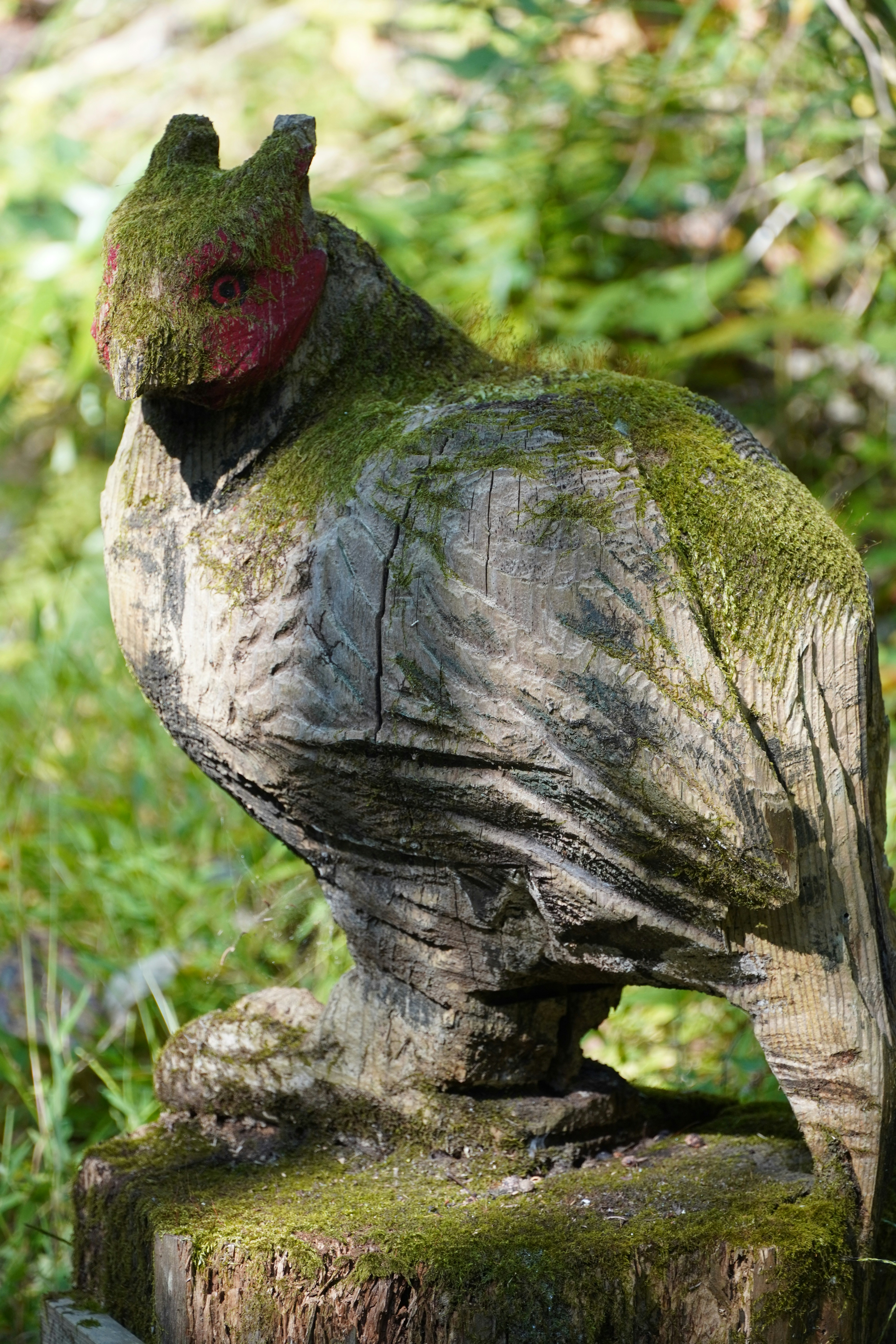 Moss-Cloaked Sentinel: A Weathered Bird Carving Stands Guard on a Mossy Stump