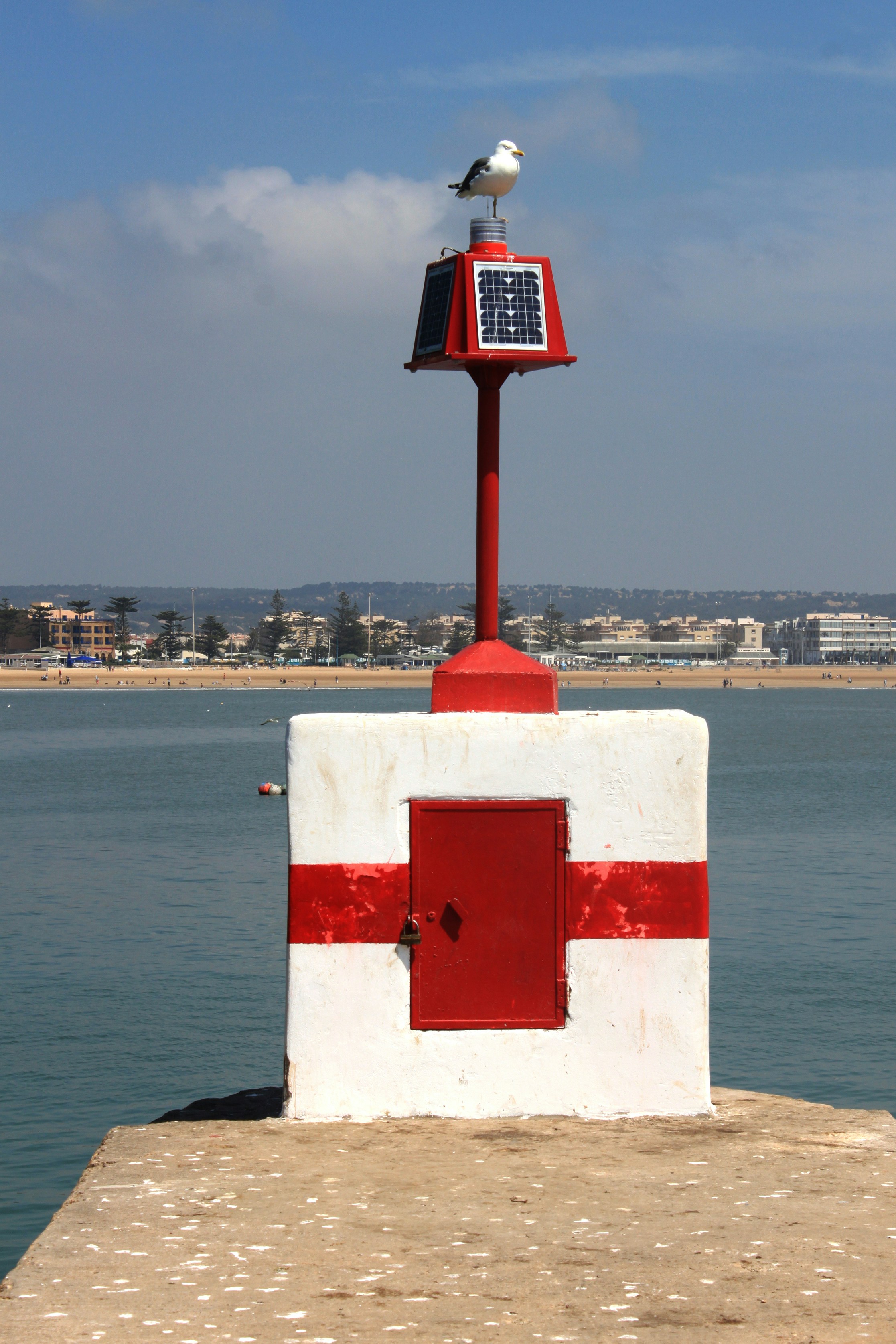Seagull Perches on a Red Coastal Beacon Above a Quiet Pier