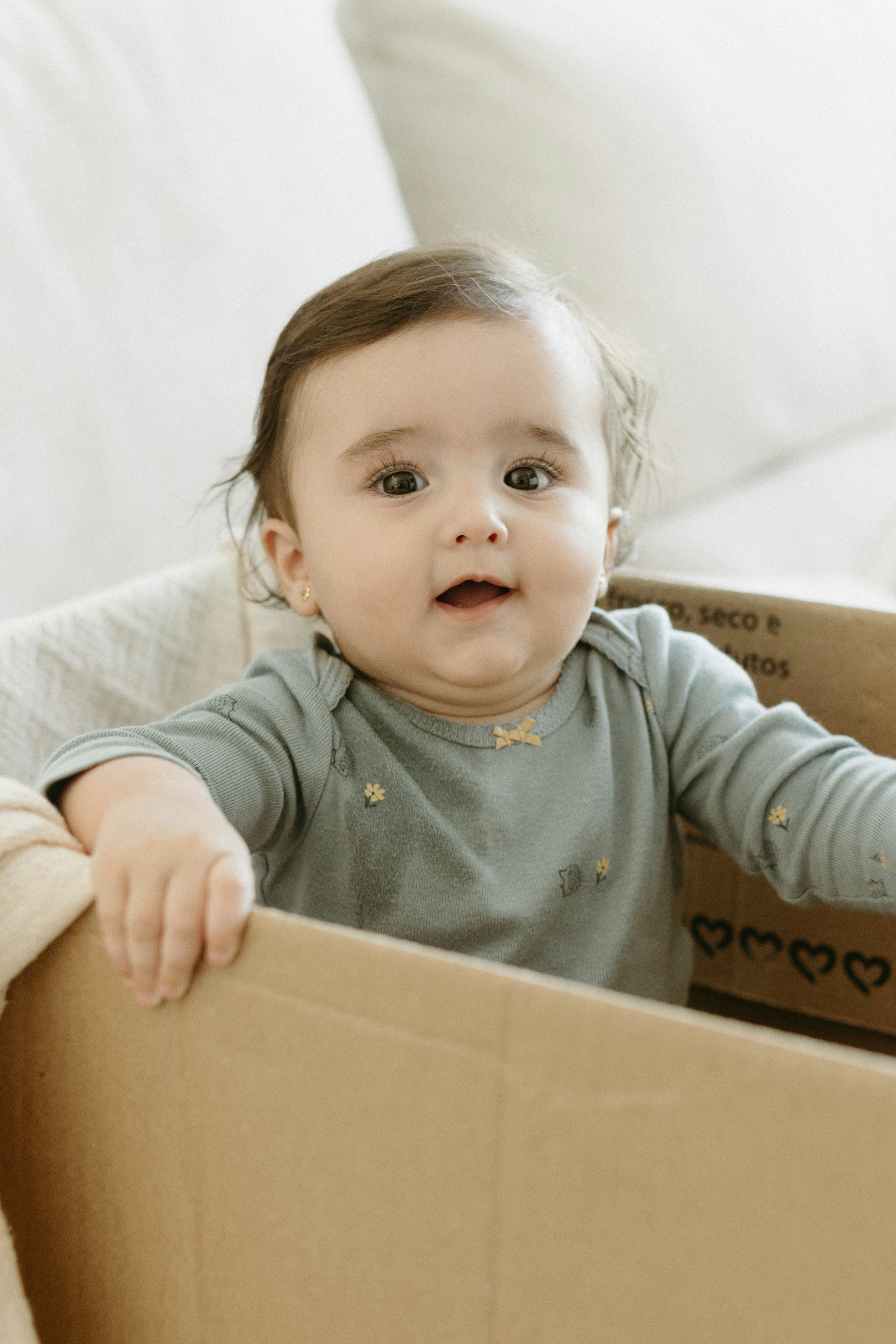 A baby sitting in a cardboard box on a couch photo – Free Happy Image ...