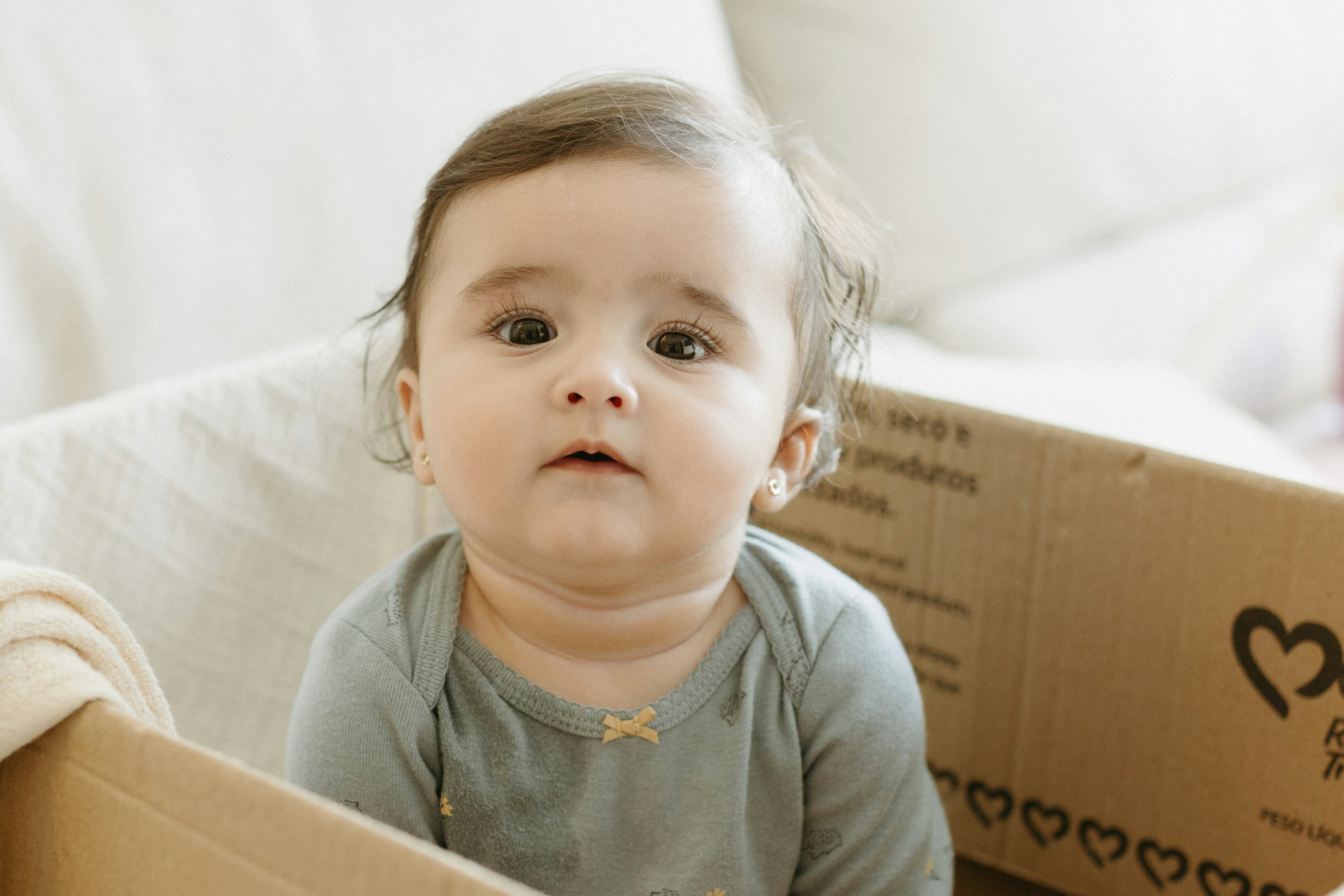 A small child sitting in a cardboard box photo – Free Baby Image on ...