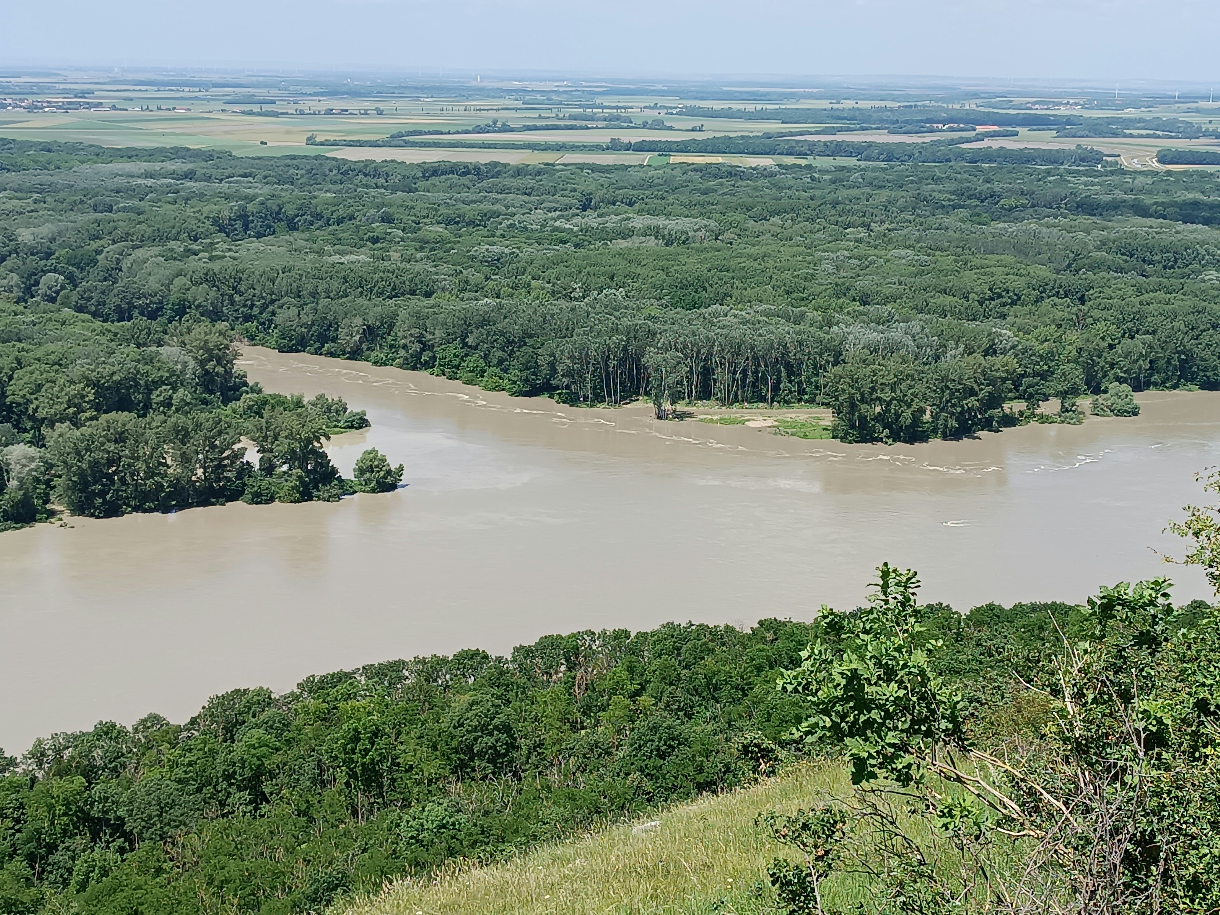 Aerial view of a river winding through lush greenery, showcasing the interplay between water and land. The scene reflects the tranquility of nature's landscape.