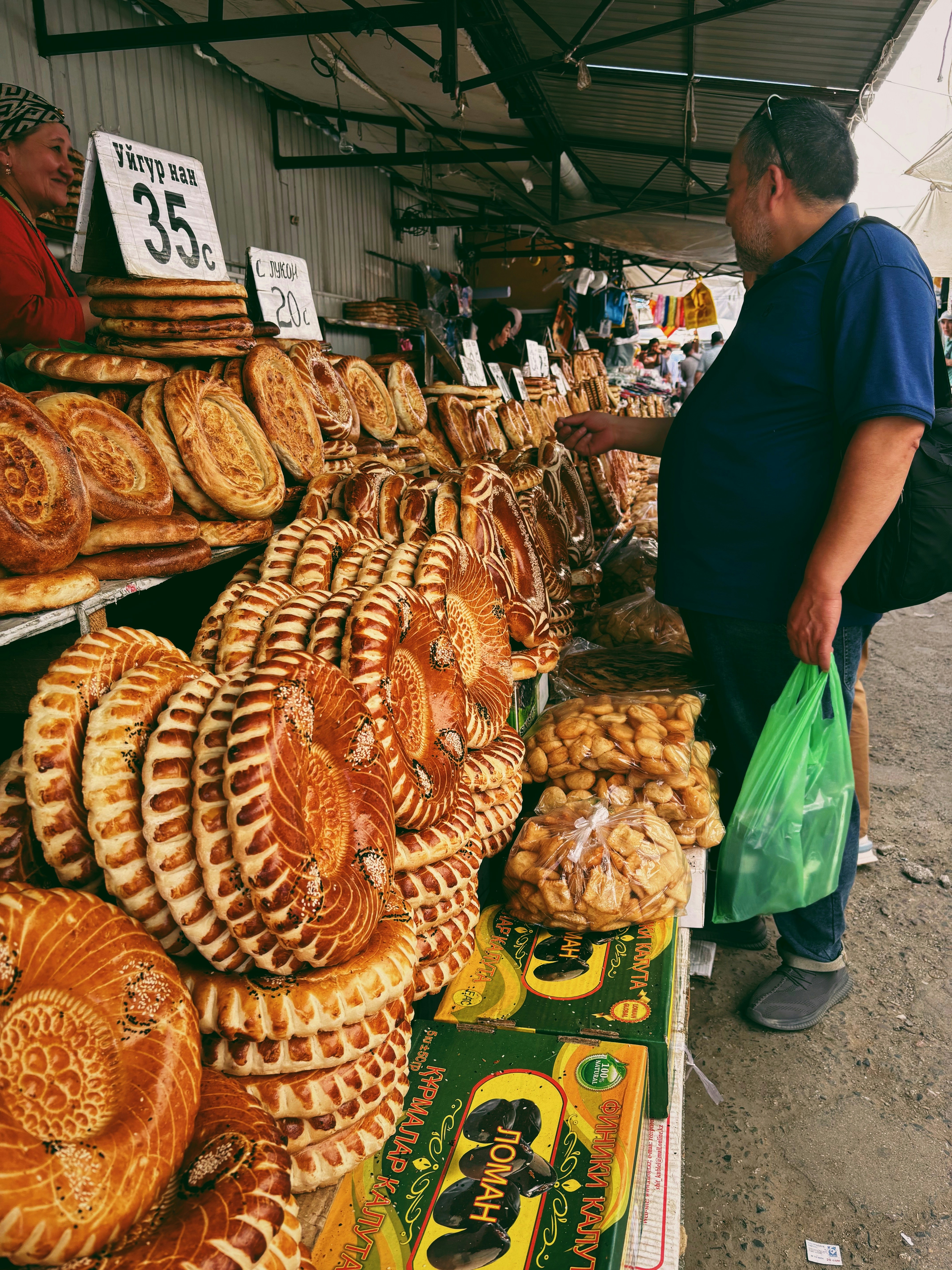 Golden Circles at the Market: A Pastry Stall Abundance