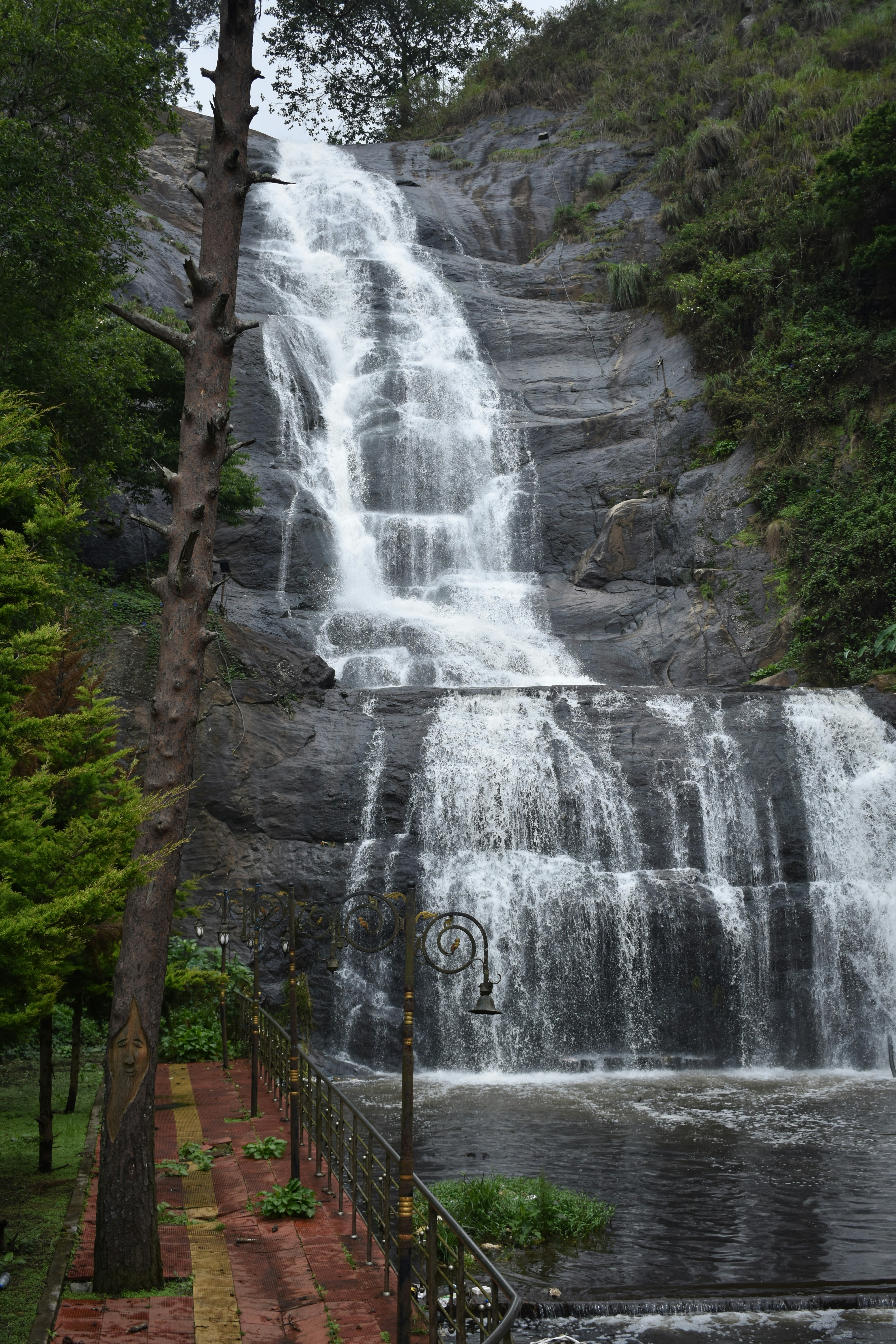 Brick-Lined Path to a Tiered Forest Waterfall