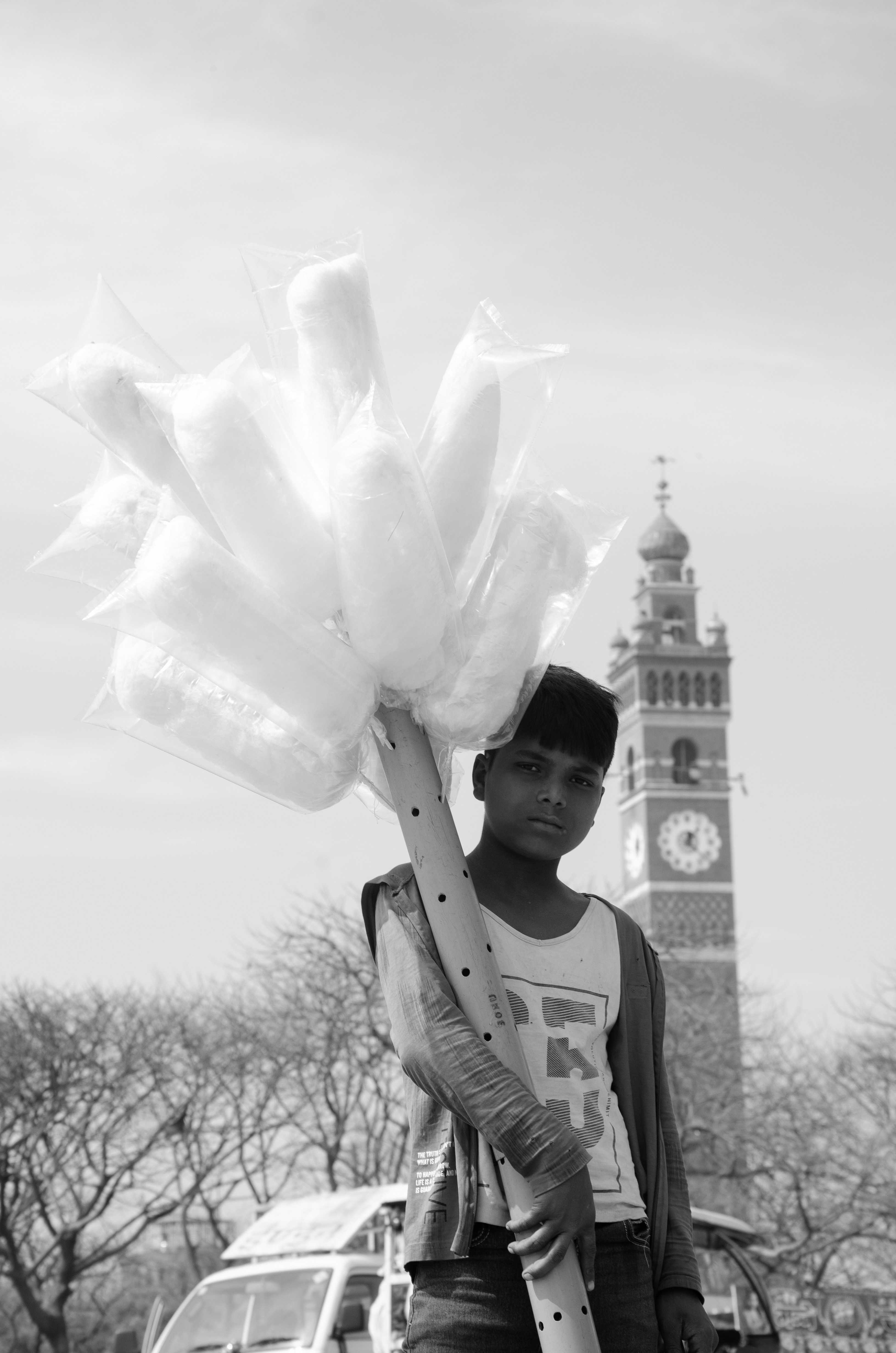 Colossal Cotton Candy, Quiet Focus: Boy and Clock Tower in Mono