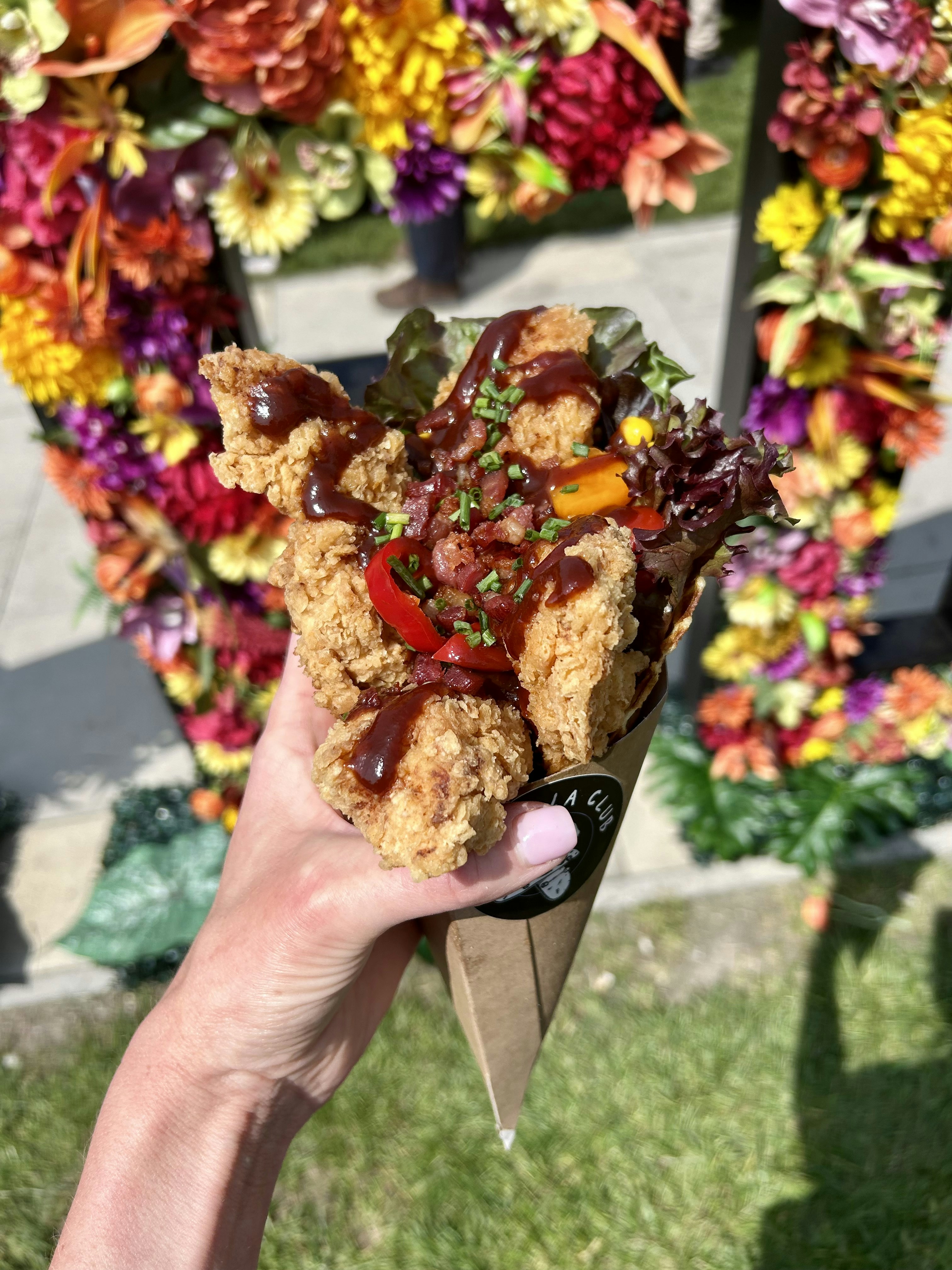 Crispy Chicken Cone Surrounded by a Kaleidoscope of Flowers