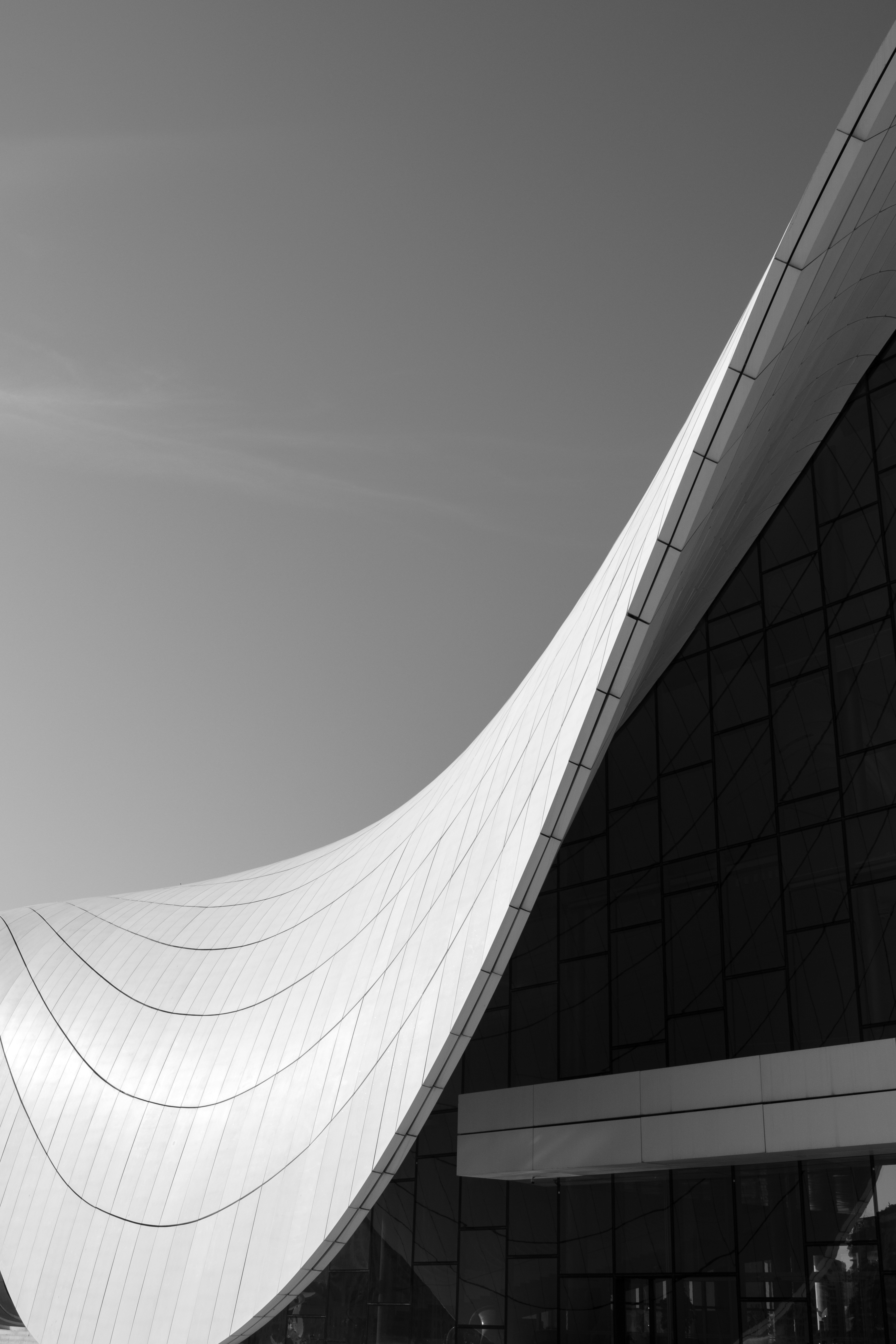 Sleek architectural lines of a modern building captured in black and white, highlighting its dynamic curves and reflective surfaces.
