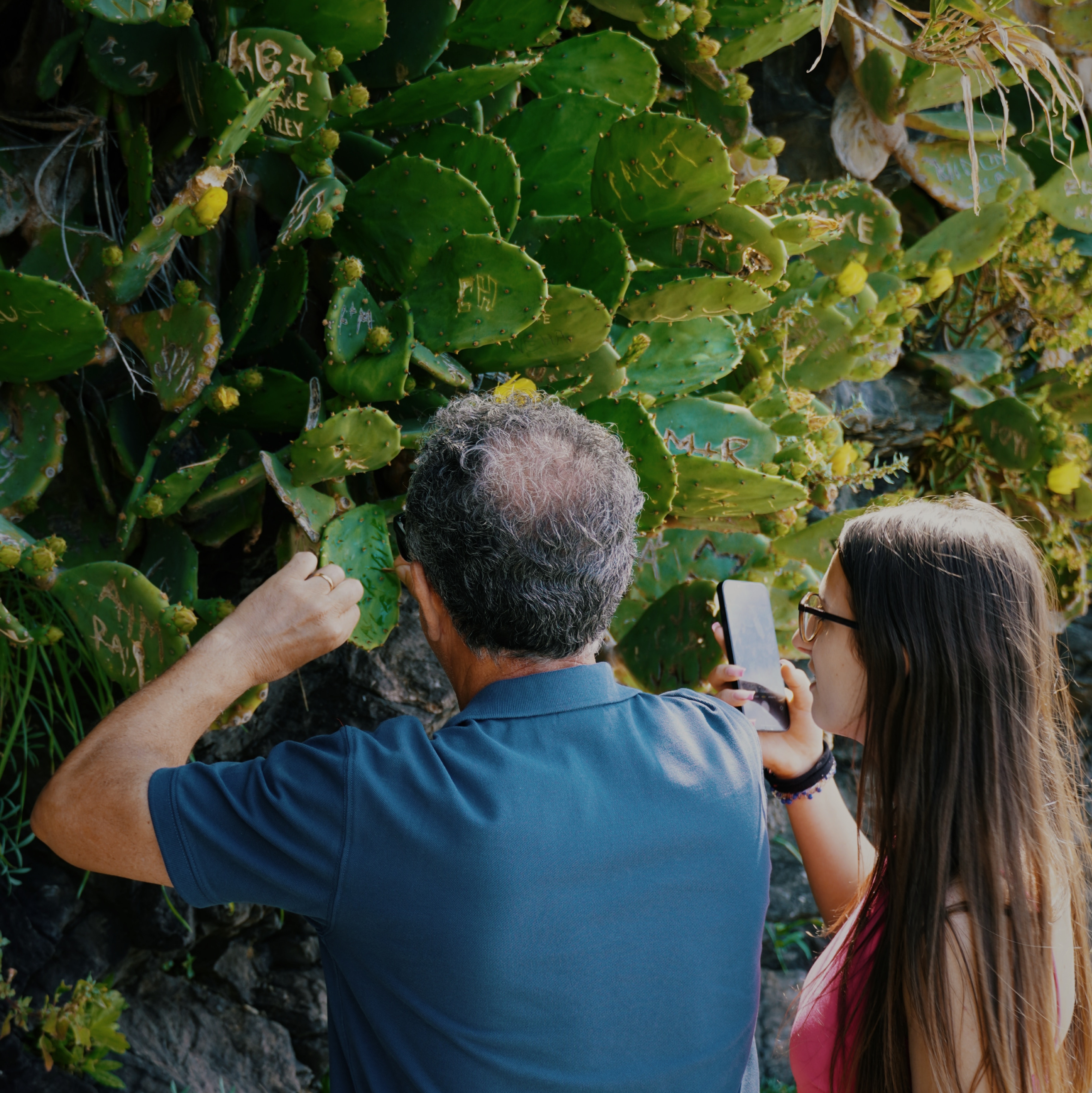 Two people examining a cactus plant against a backdrop of dense green foliage.