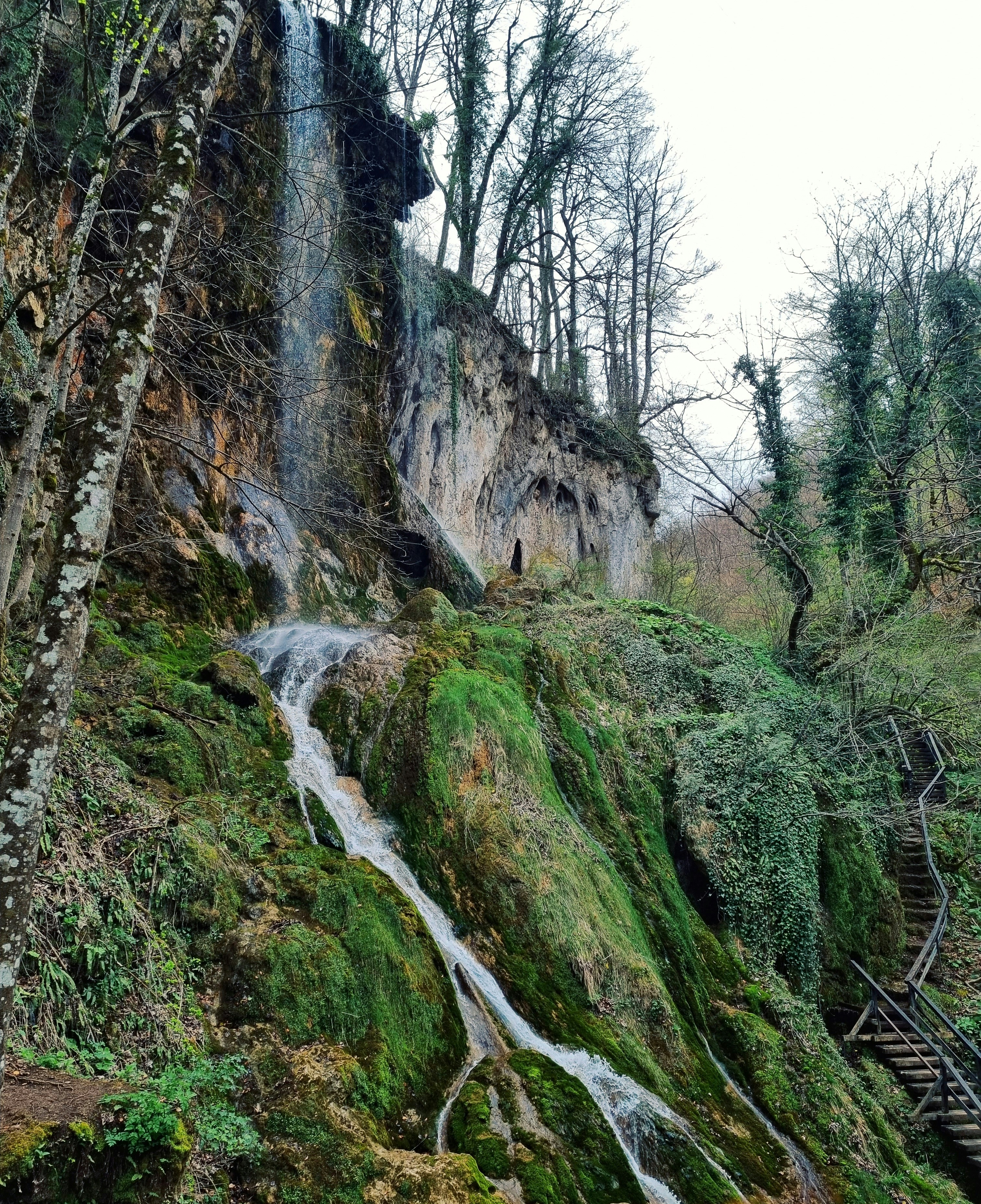 Moss-Covered Cliff Cascade with a Winding Staircase