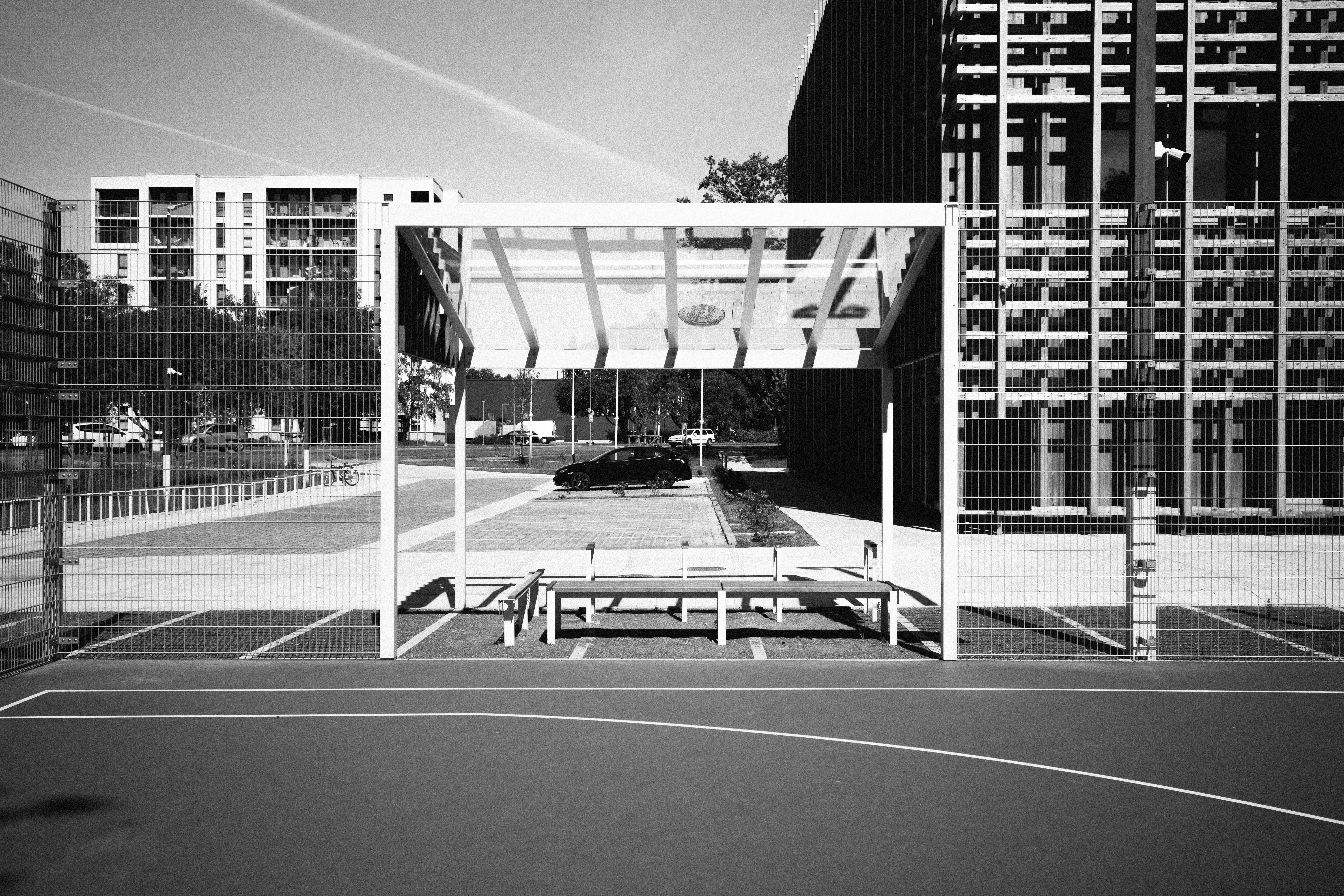 Under the Pergola: A Quiet Bench Framed by Gridlines and Modern Architecture