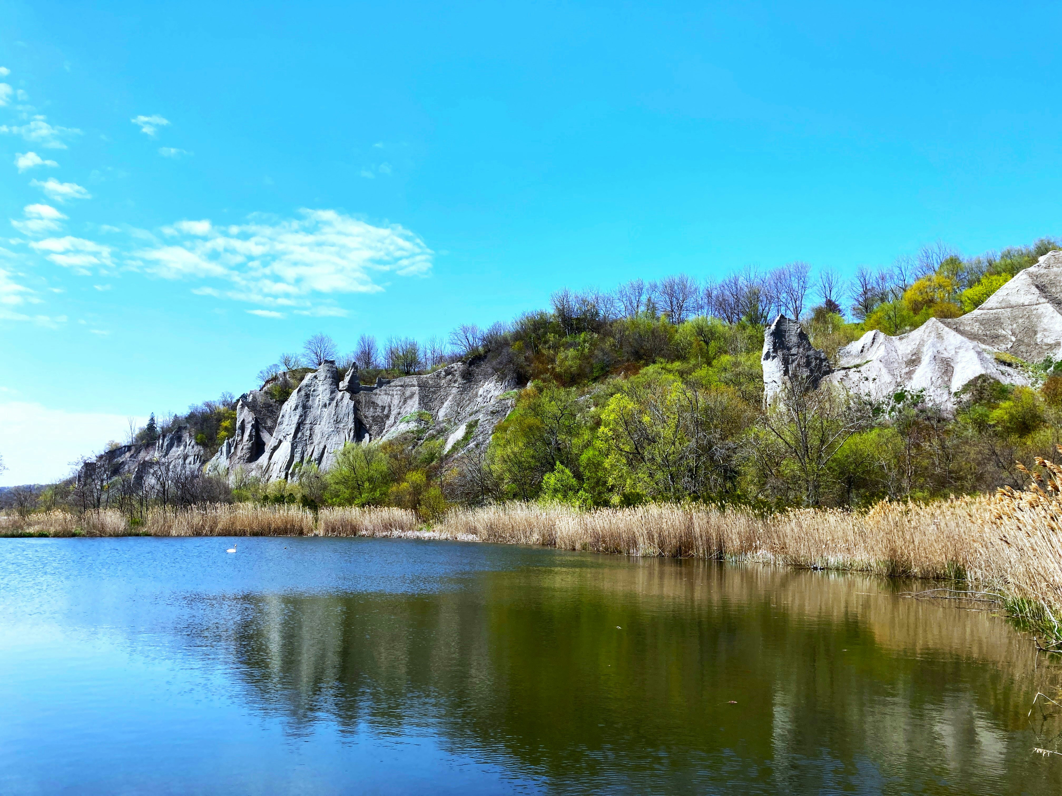 White Chalk Cliffs Framing a Tranquil Lakeside Under a Clear Blue Sky