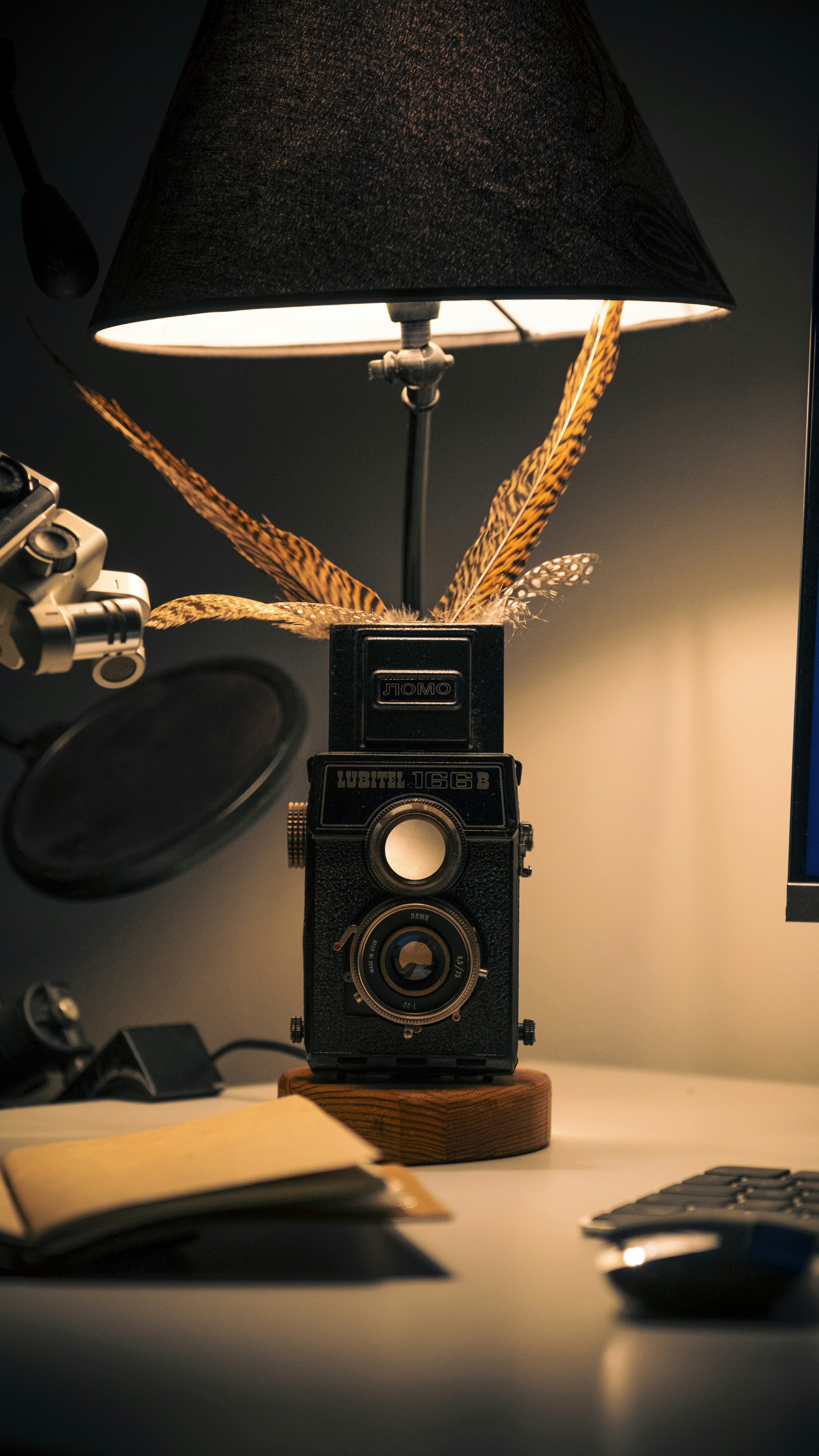 Lamp-lit Relic: Centerstage Vintage Bellows Camera on a Quiet Desk