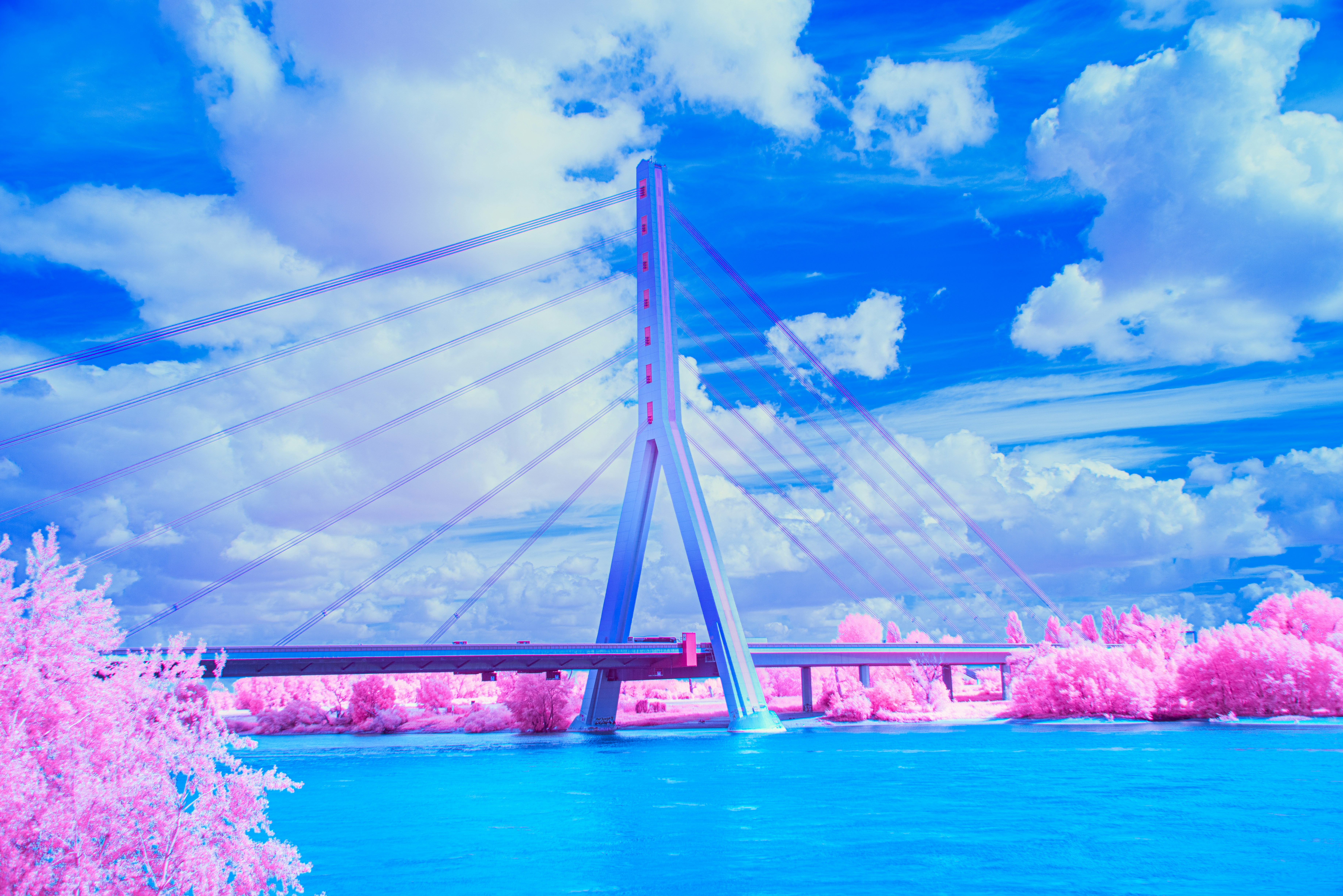 Infrared Twilight: A Cable-Stayed Bridge Rising Over a Pink Riverside