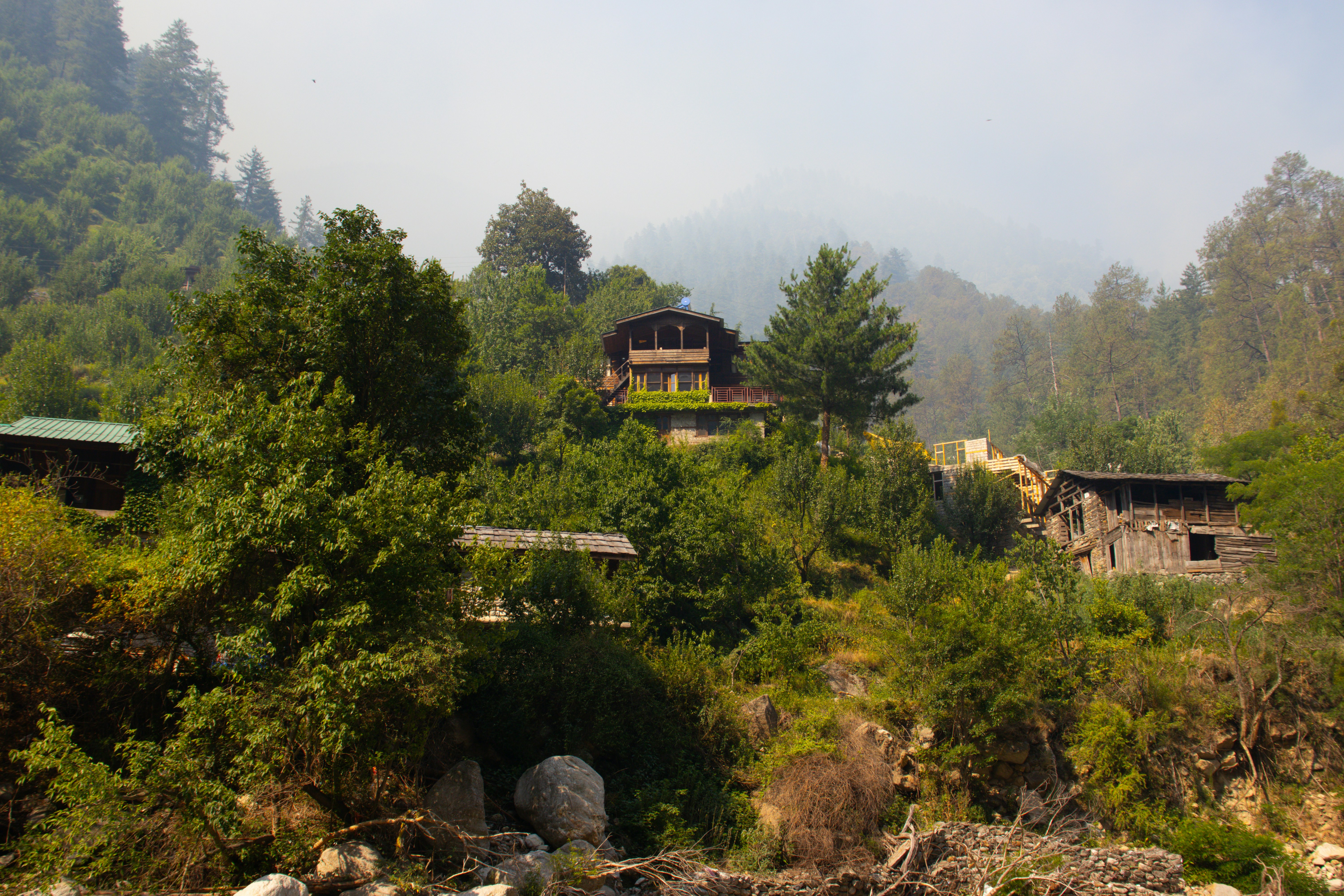 Verdant Ridge Cabin Amid Mist and Pines