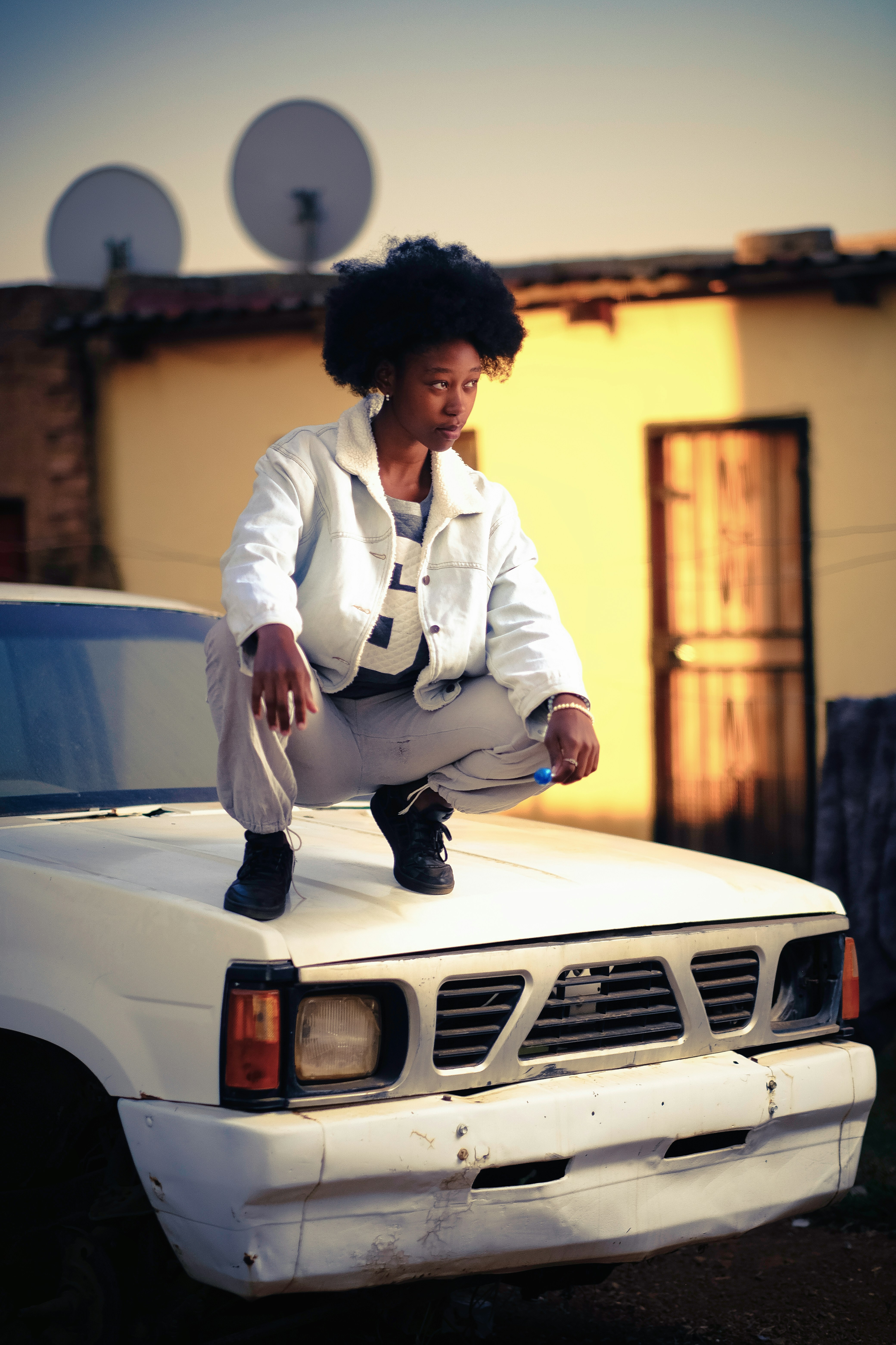 Crouched on the Car: Quiet Confidence in Sunset Light