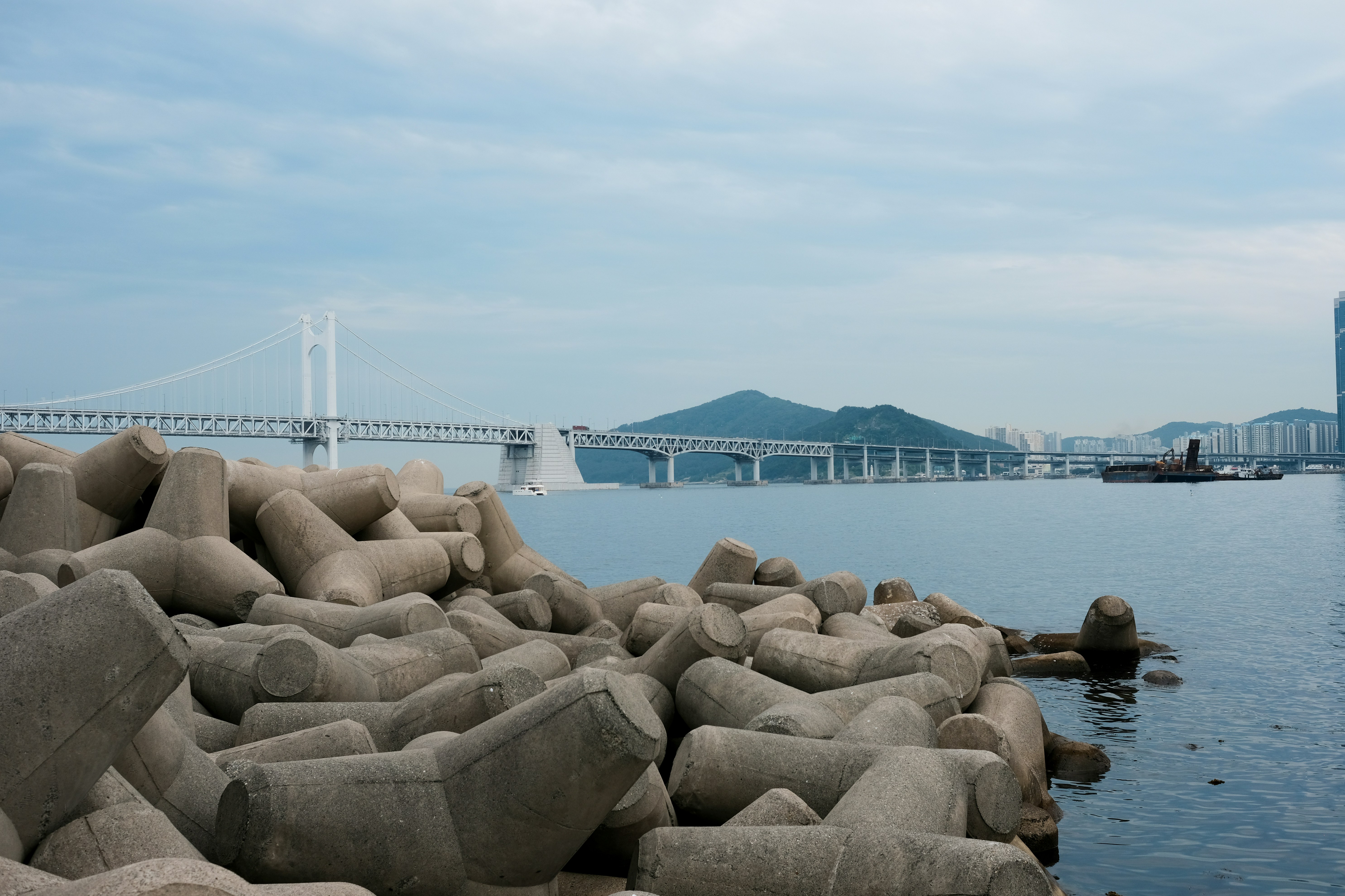 Concrete Breakwaters with City Bridge in the Distance