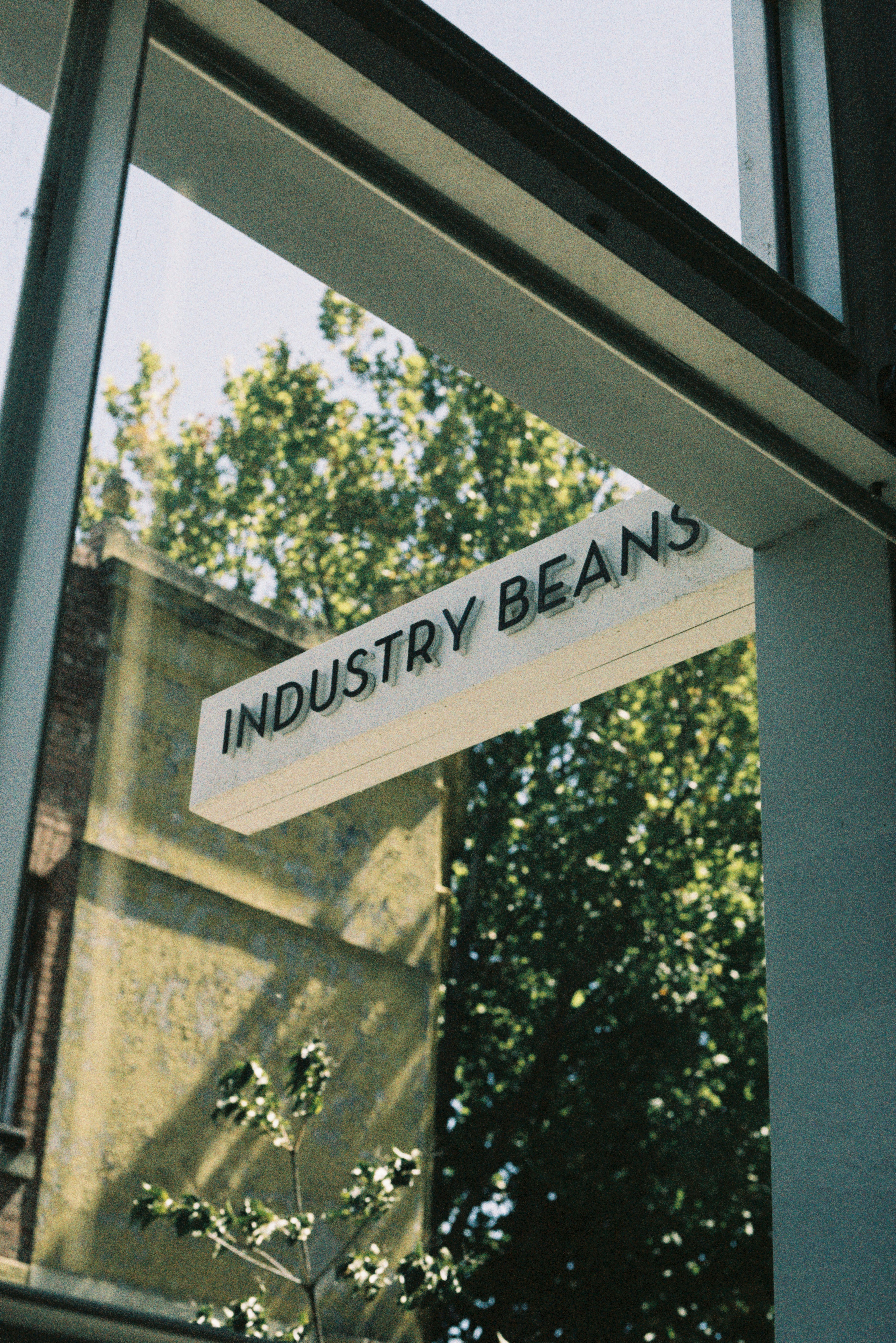 Morning Light on Industry Beans Sign Through a Glass Window